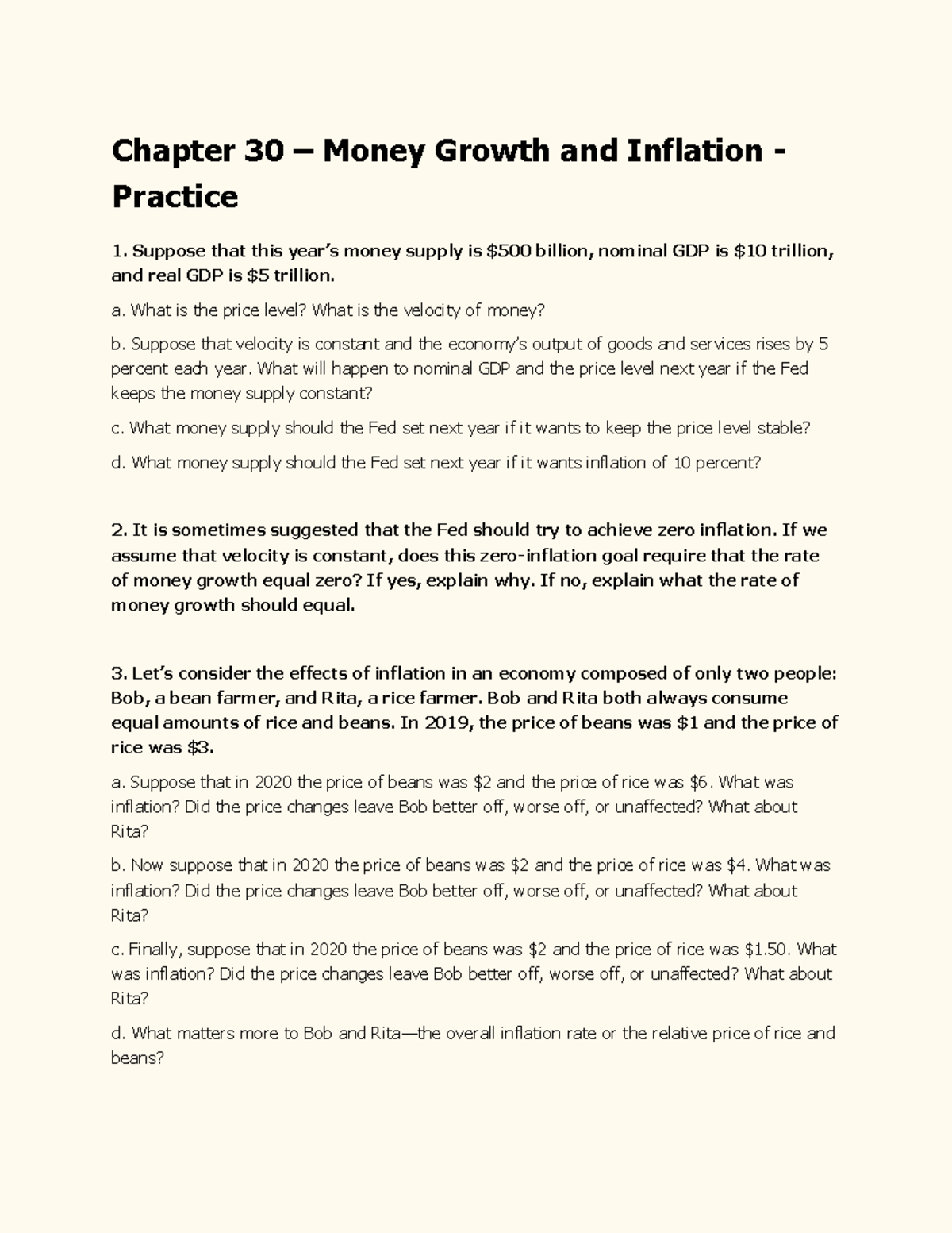 Chapter 30 - Money Growth & Inflation Practice Questions - Studocu