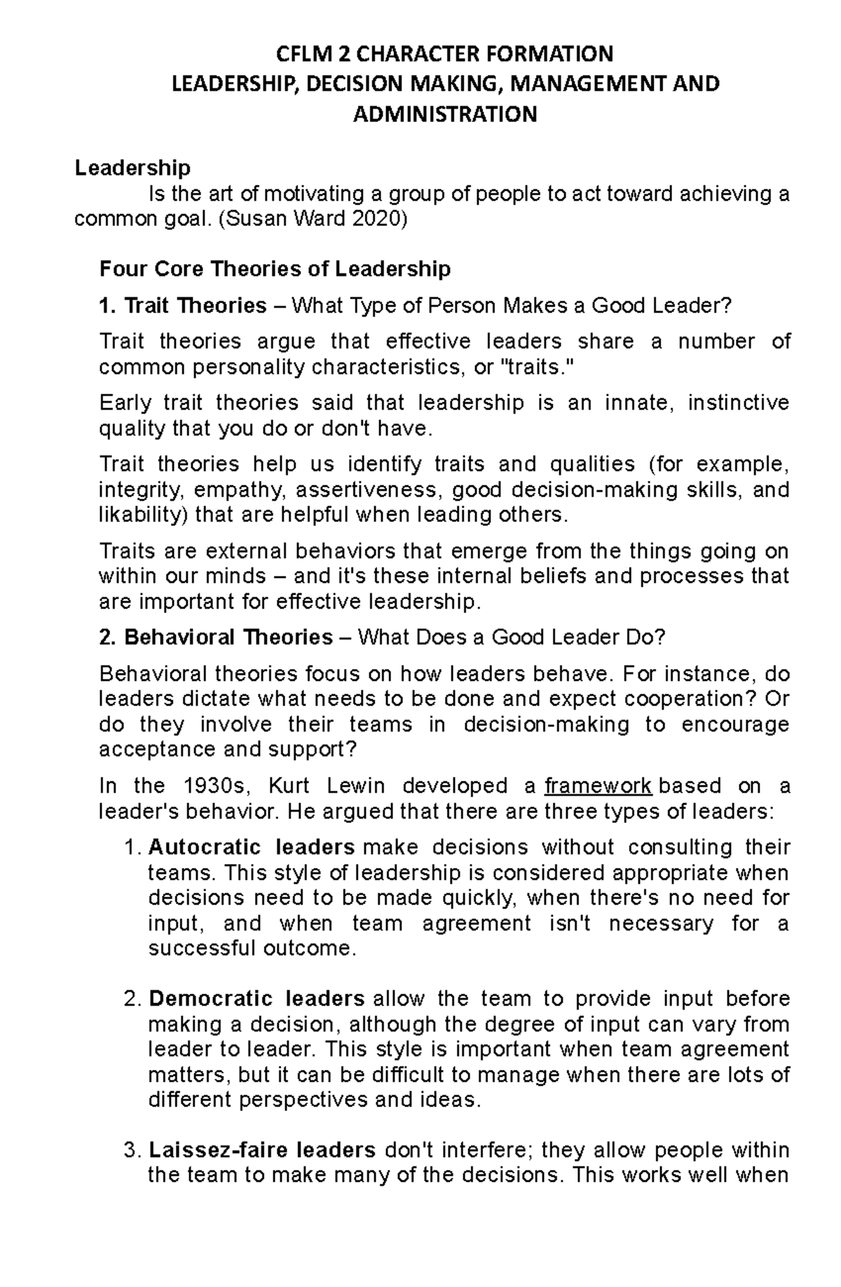 CFLM 2 - Leadership Theories & Management Principles Overview - Studocu