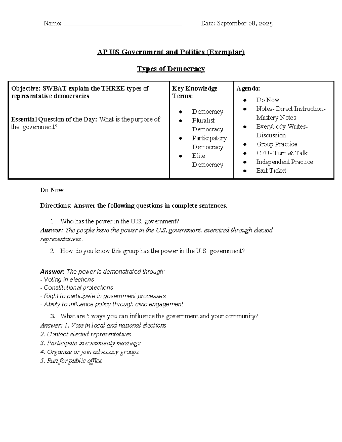 AP US Government & Politics (Exemplar): Types of Democracy Lesson 4 ...