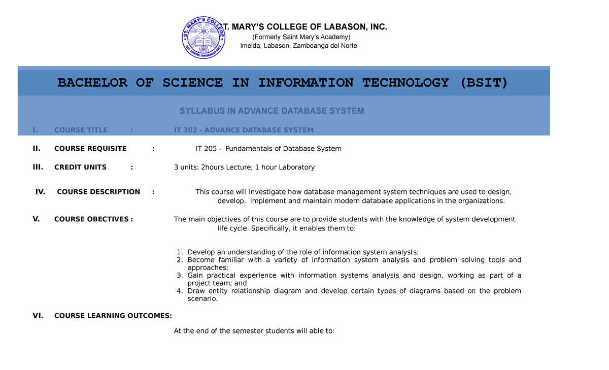 OBE-IT302 Advance Database System - ST. MARY’S COLLEGE OF LABASON, INC. (Formerly Saint Mary’s ...