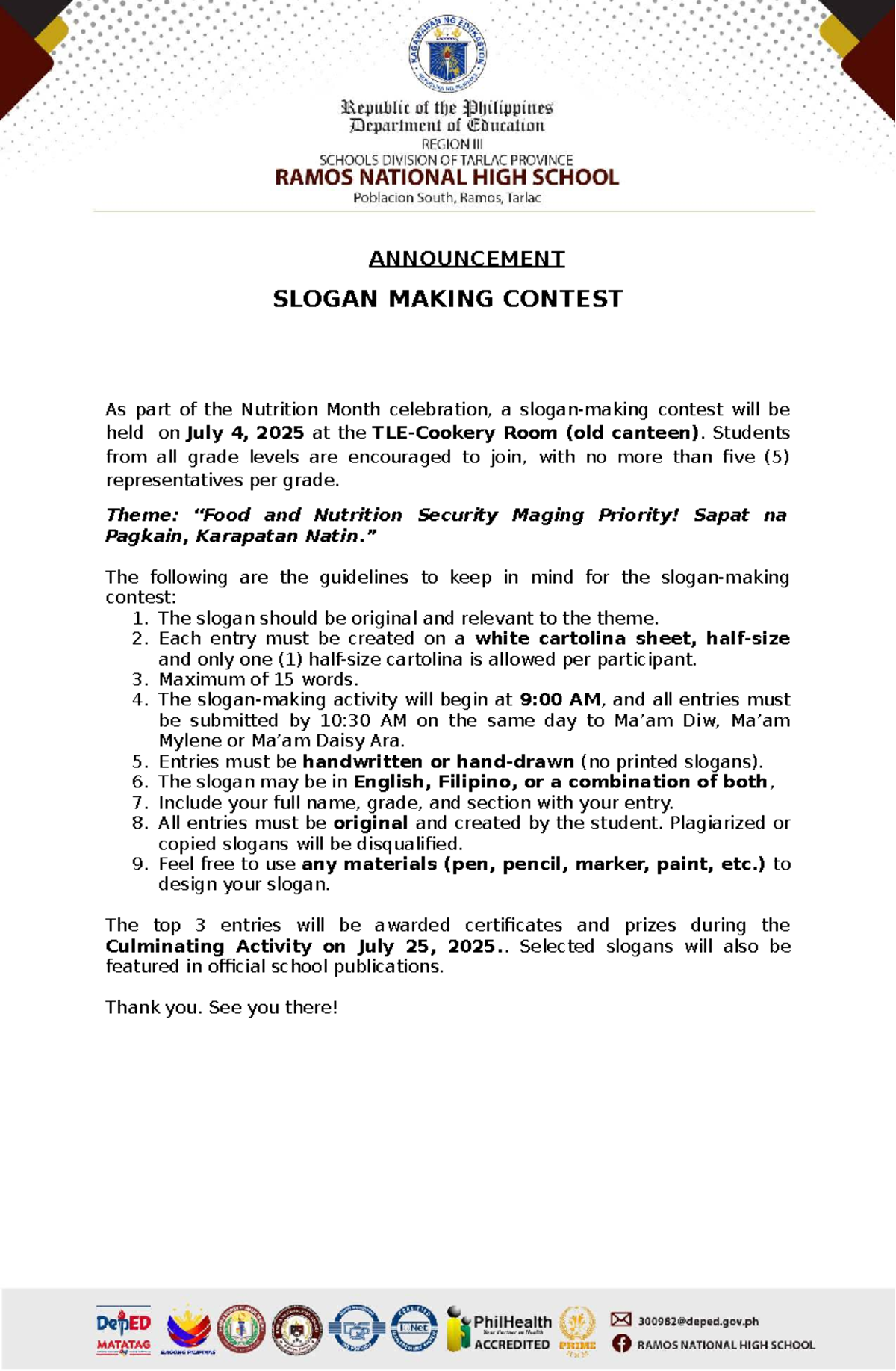 Nutrition Month Slogan-Making Contest Announcement - Studocu