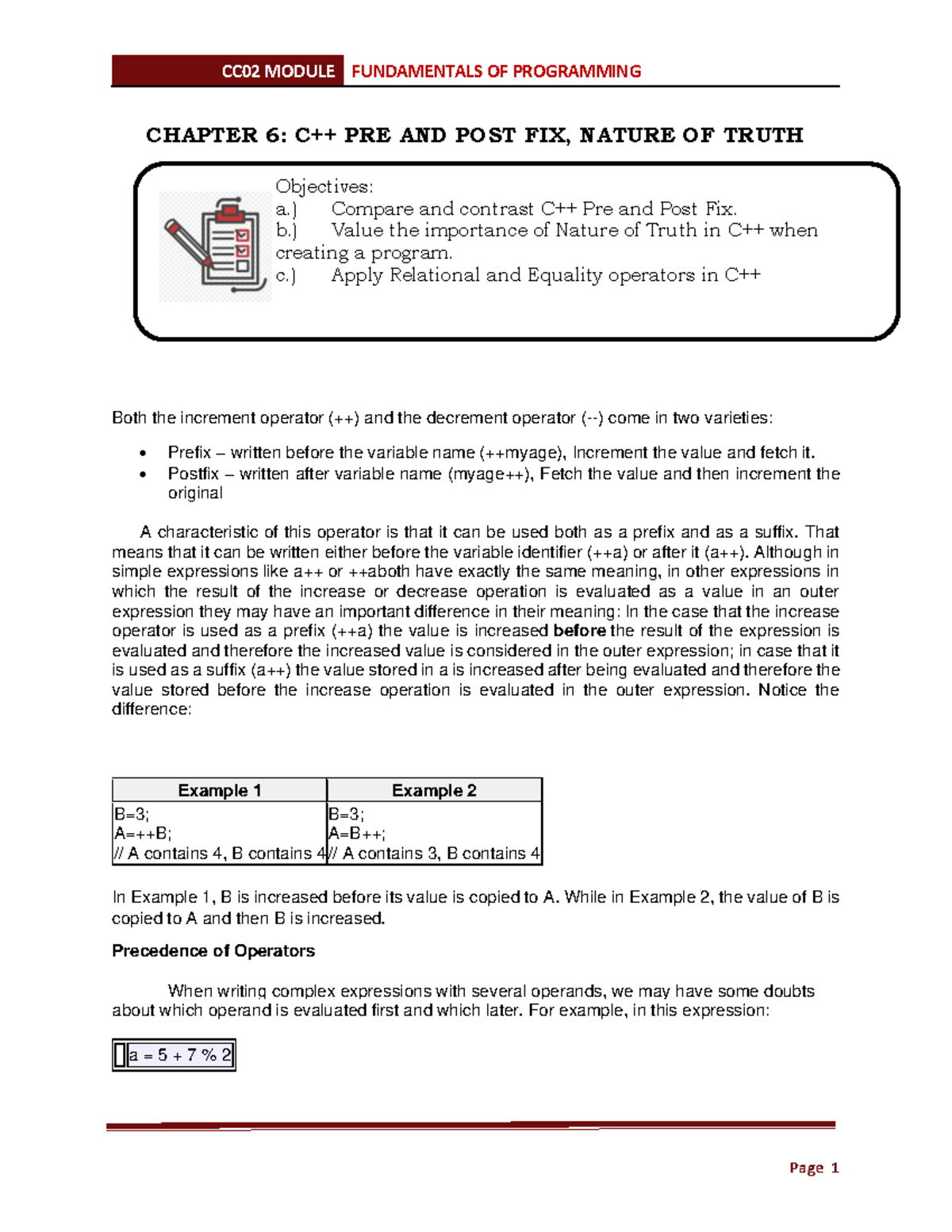 CC02 MODULE FUNDAMENTALS OF PROGRAMMING CHAPTER 6: C++ PRE & POST FIX - Studocu