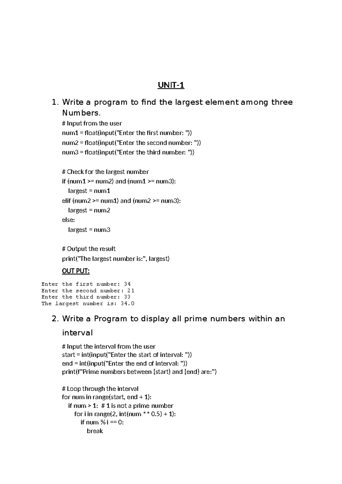 Python Programs: Finding Largest Number, Prime Numbers, and Operators ...