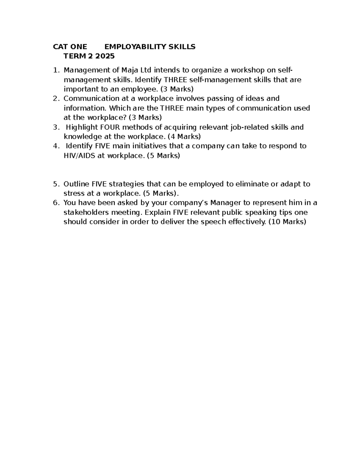 EMP CAT ONE - Assignment - CAT ONE EMPLOYABILITY SKILLS TERM 2 2025 ...