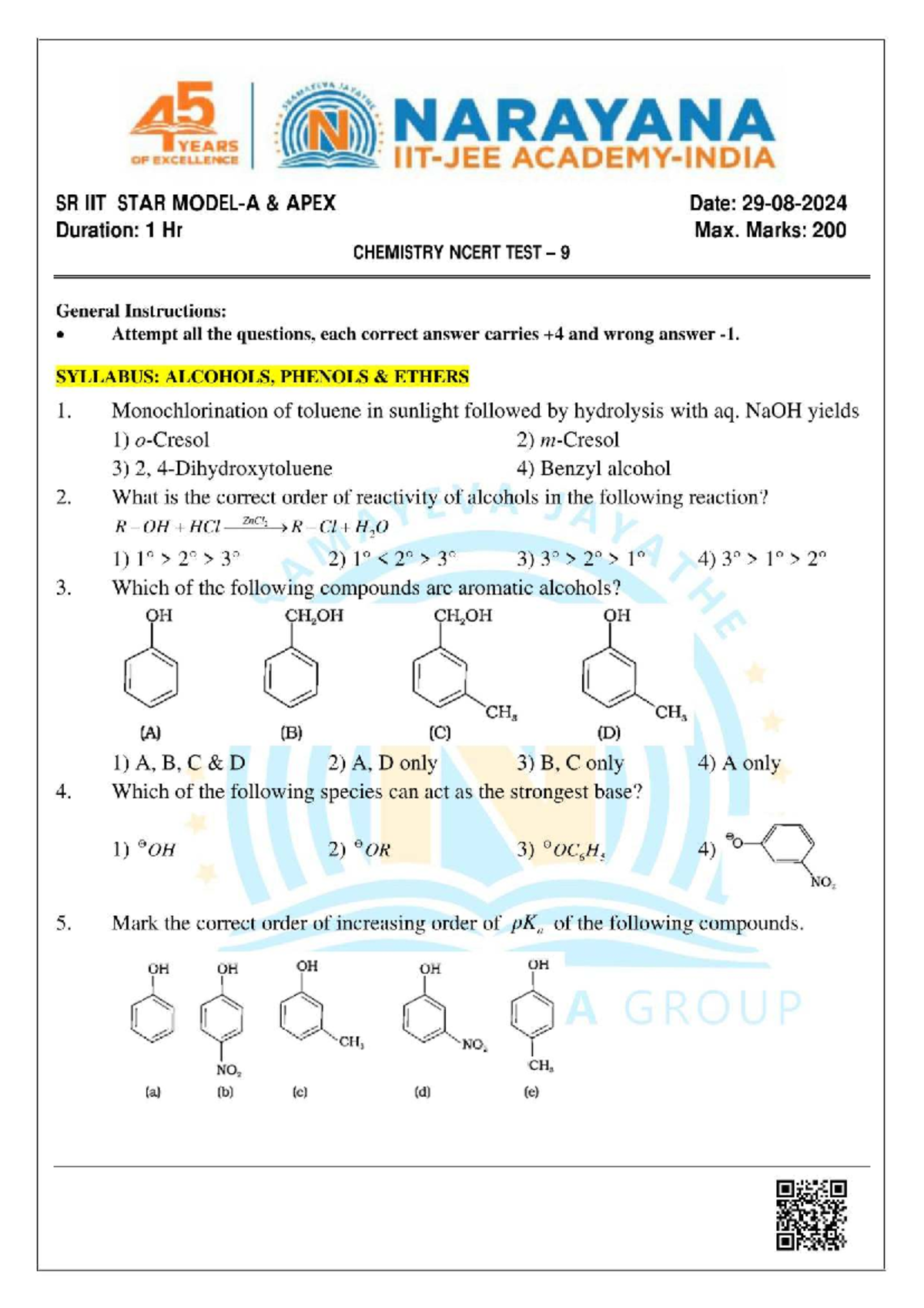 SR IIT CHEMISTRY NCERT TEST 9: ALCOHOLS, PHENOLS, ETHERS - Studocu
