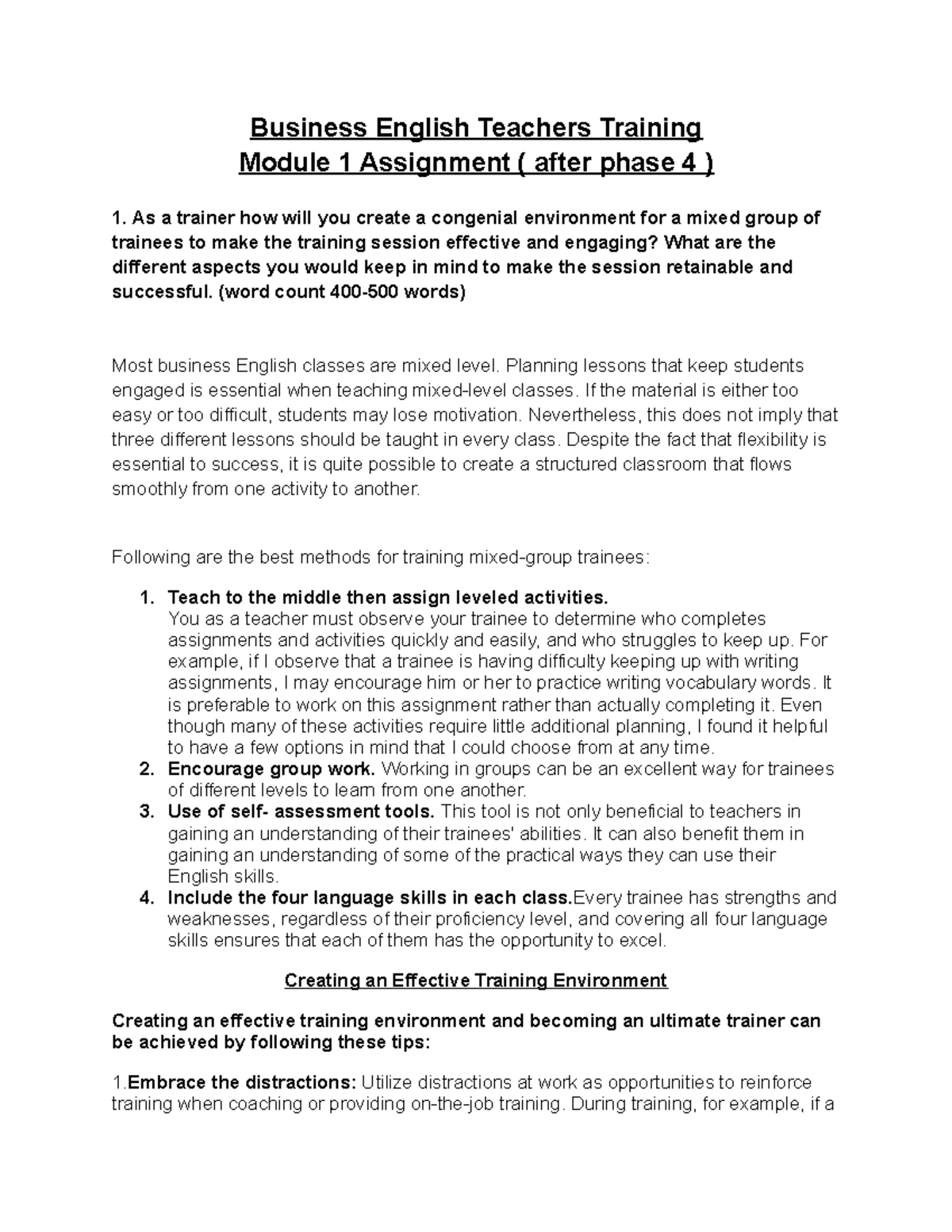 Business English Teacher Training: Module 1 Assignment Guidelines - Studocu