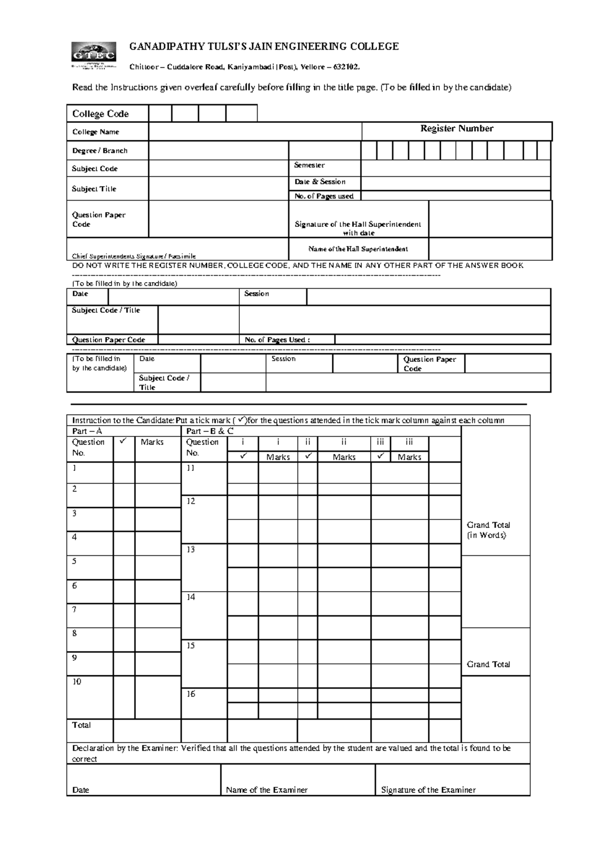 EXAM Front Sheet - GANADIPATHY JAIN ENG COLLEGE - Studocu