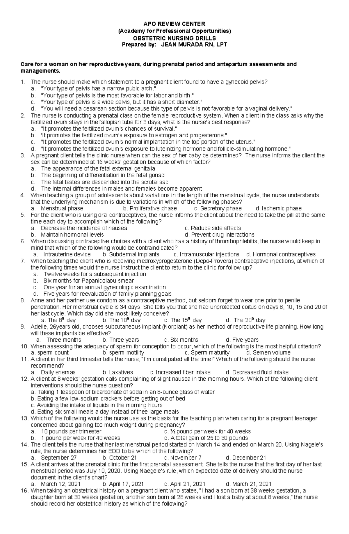 OB Nursing Drills Review for APO 1-2 October 2023 - Studocu