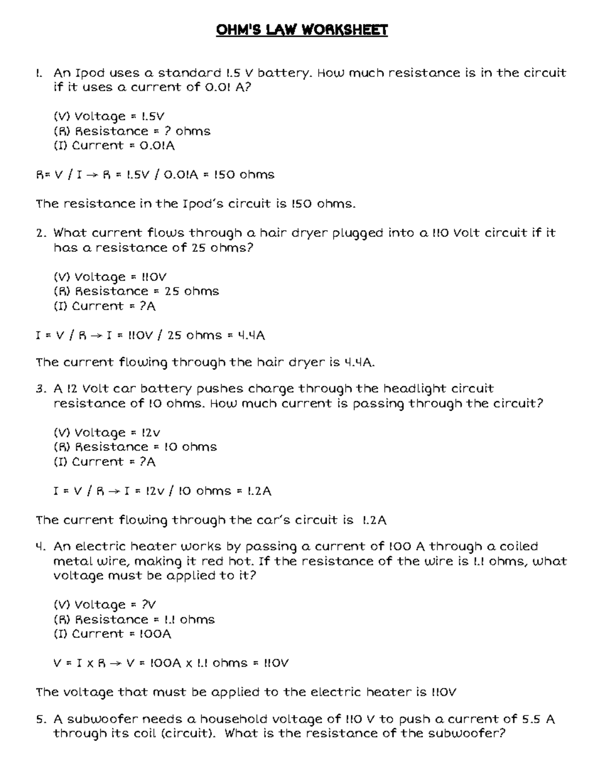 11.3 Ohm's Law Worksheet: Calculations and Circuit Examples - Studocu