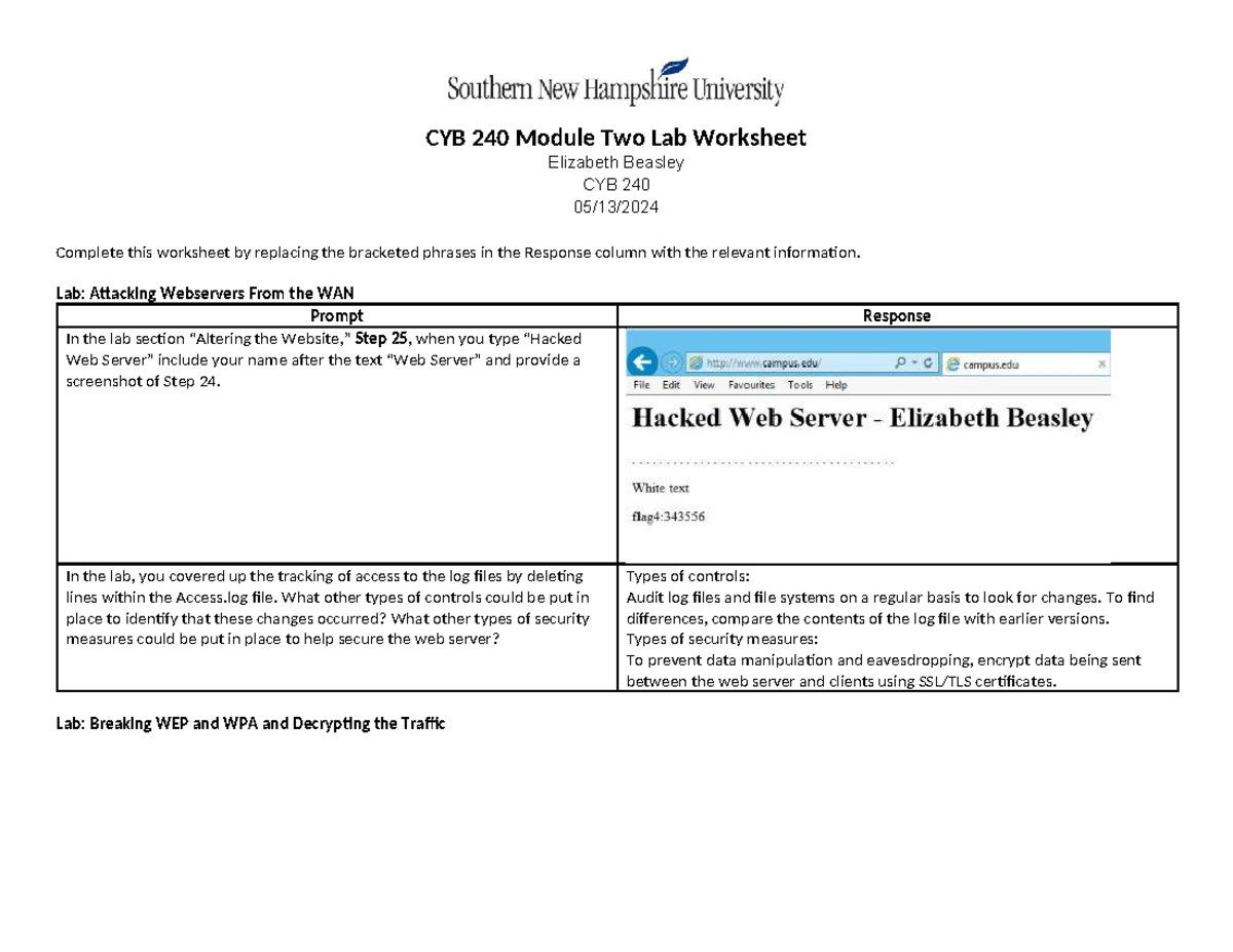 CYB 240 LAB 2 Application Security - CYB 240 Module Two Lab Worksheet Elizabeth Beasley CYB 240 ...