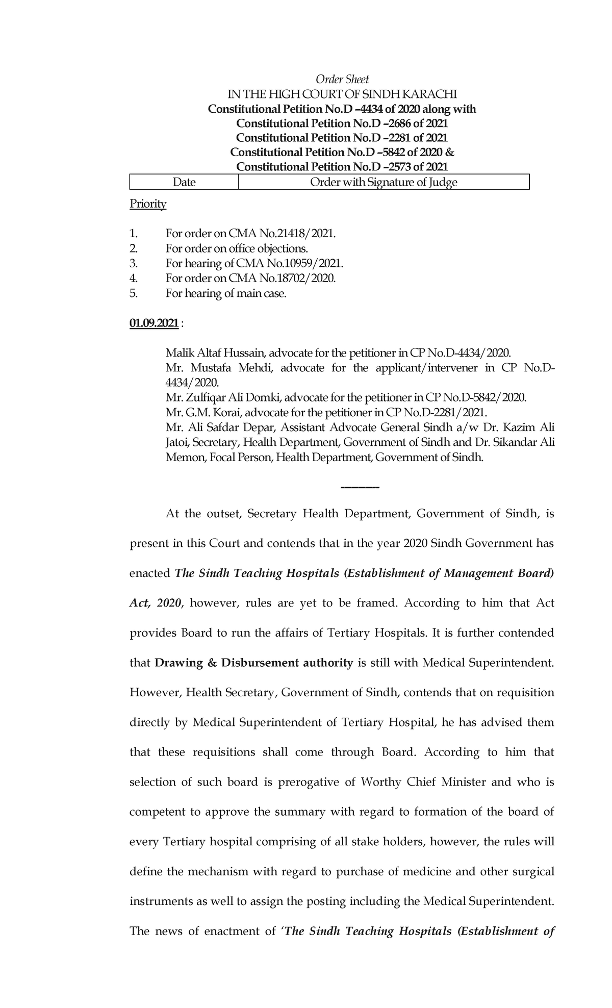 Order Sheet: High Court of Sindh - Constitutional Petitions D2020 ...