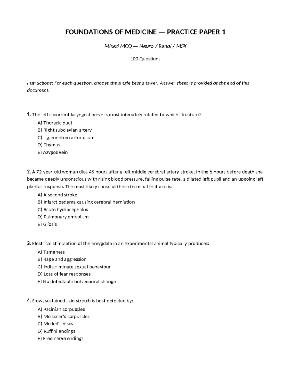 Y2S1 MD Foundations of Medicine Practice Paper 1: Mixed MCQs on Neuro ...