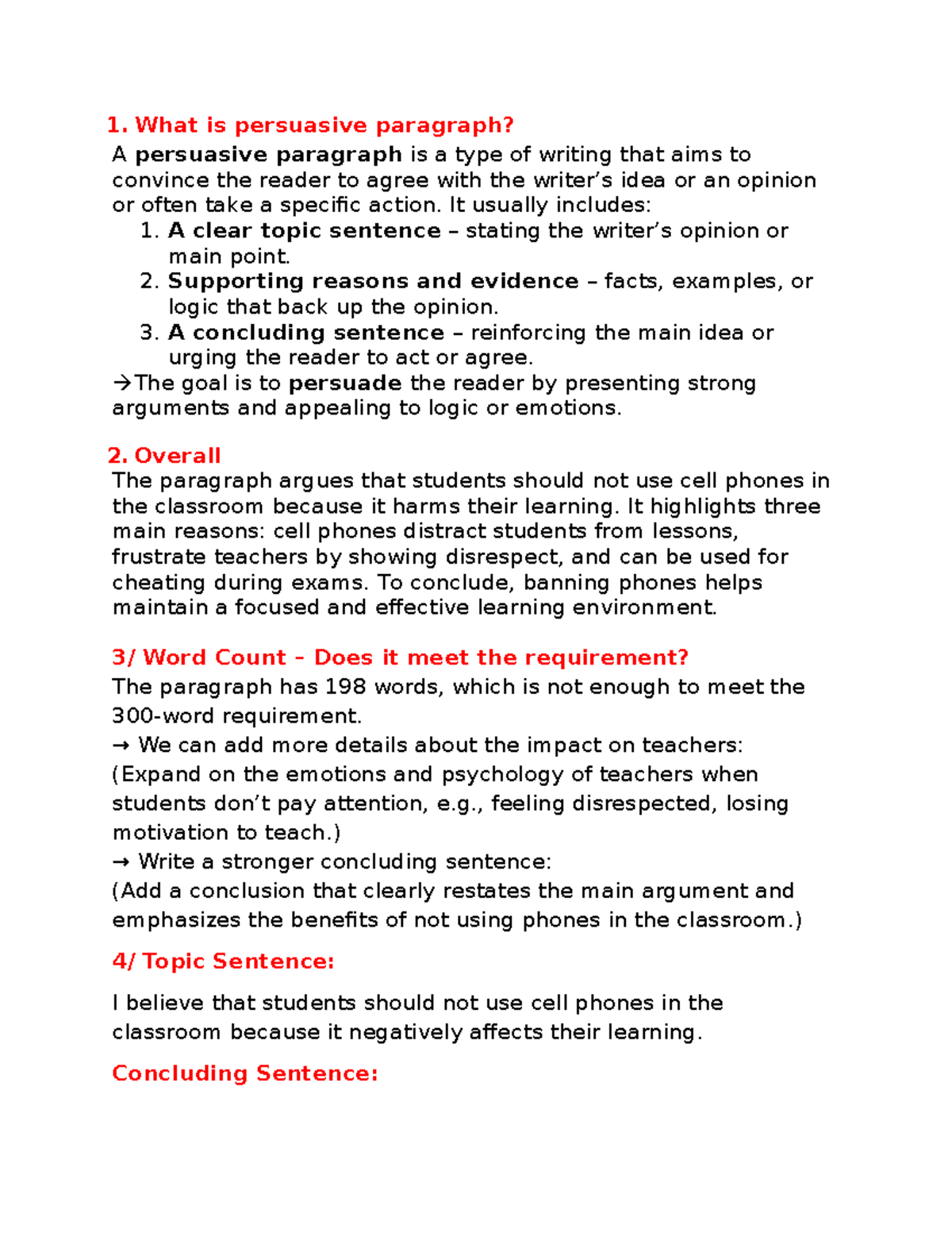 Persuasive paragraph analysis on cell phone use in class (1-6) - Studocu