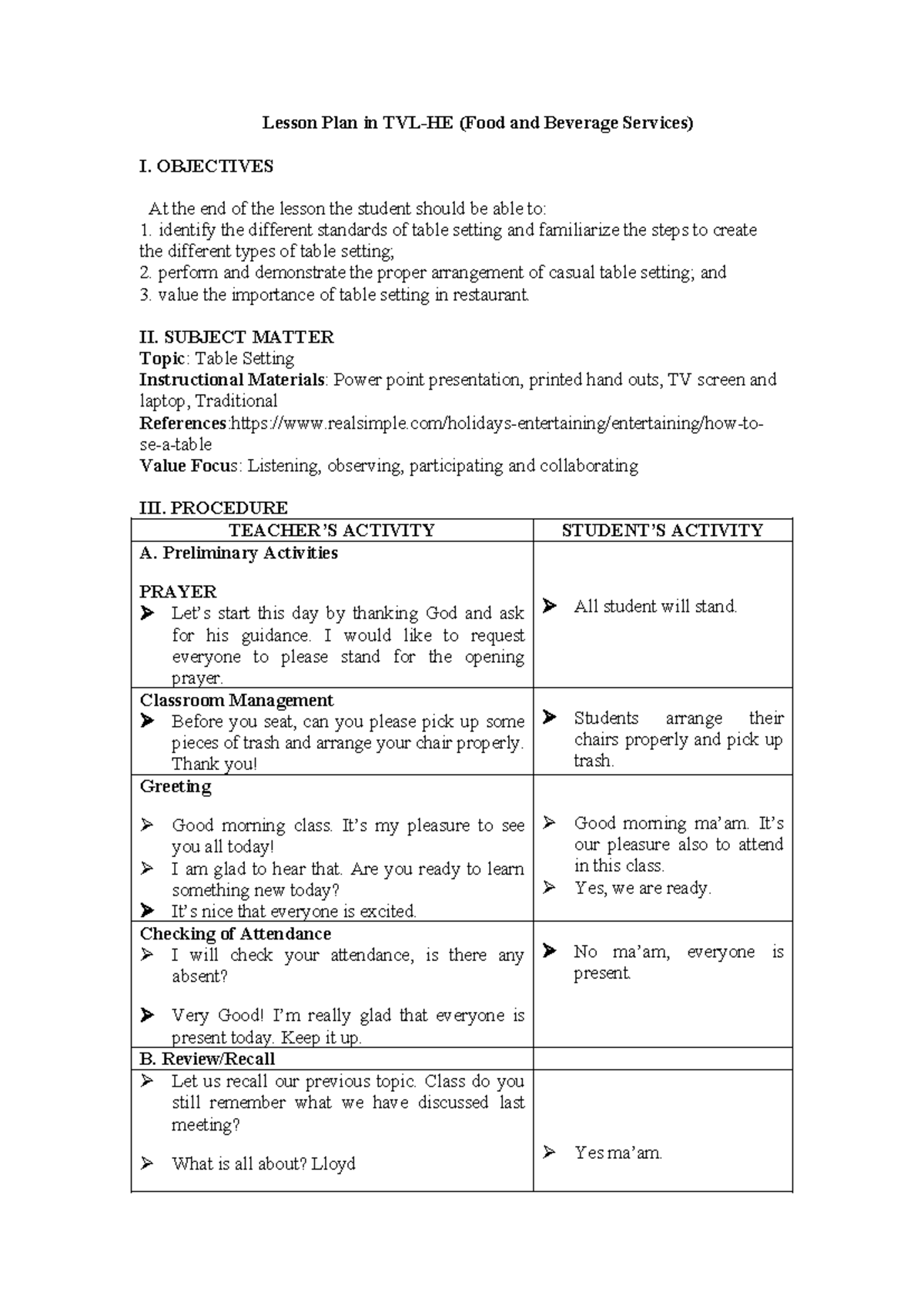 Karen TVL-HE Final Lesson Plan: Effective Table Setting Techniques - Studocu