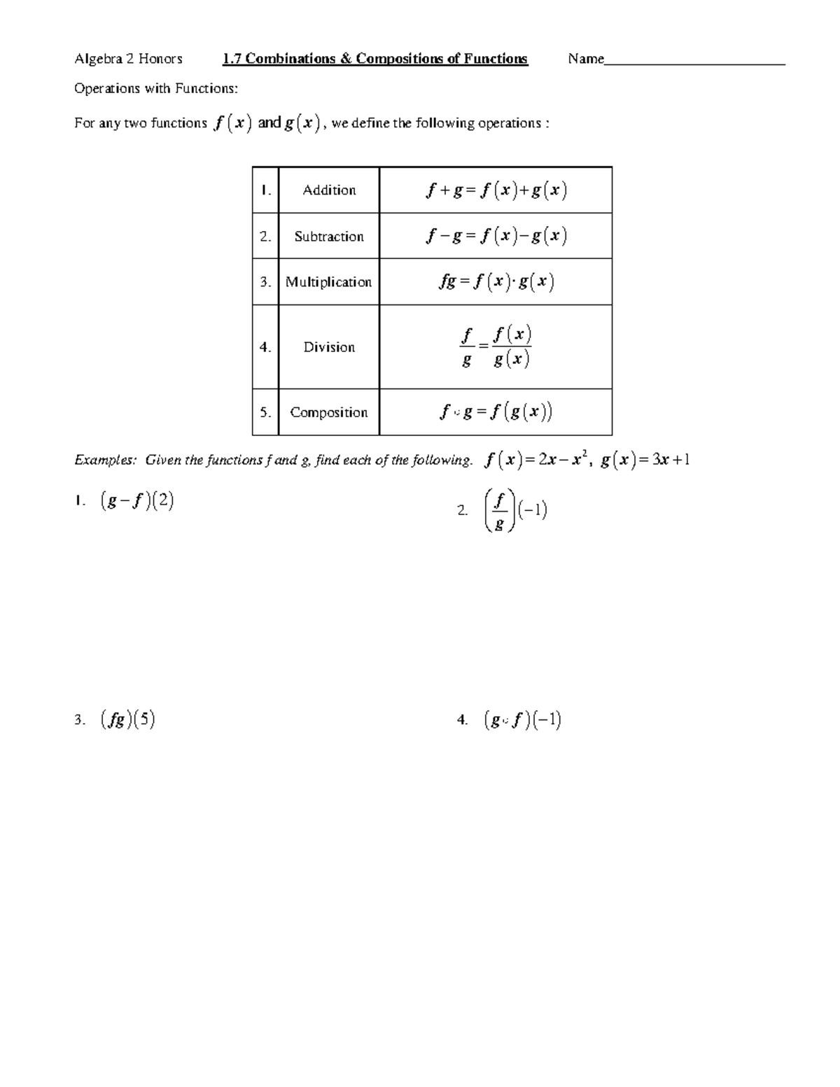 Algebra 2 Honors: 1.7 Combinations & Compositions of Functions - Studocu