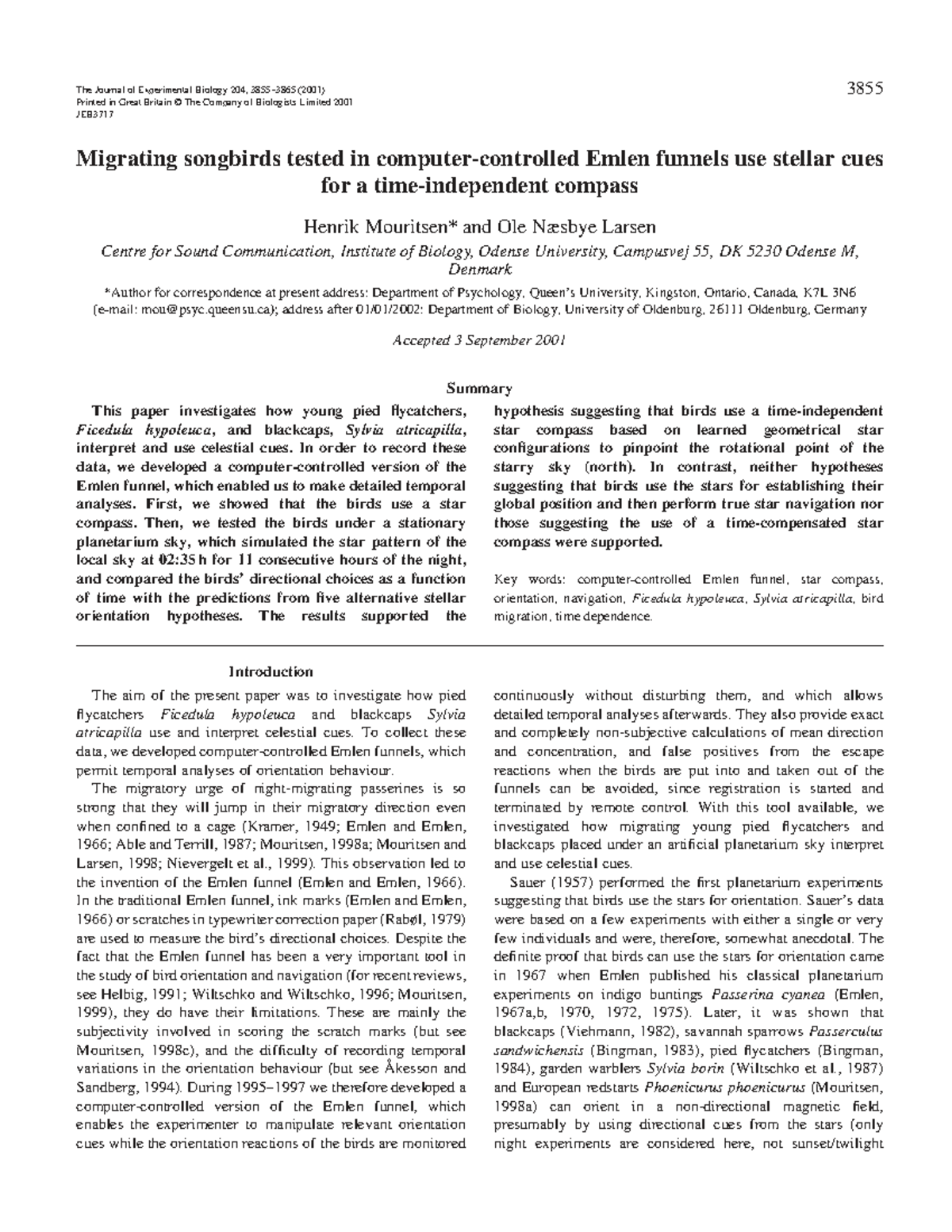 3855 Migrating Songbirds and Stellar Cues: Emlen Funnel Study - Studocu