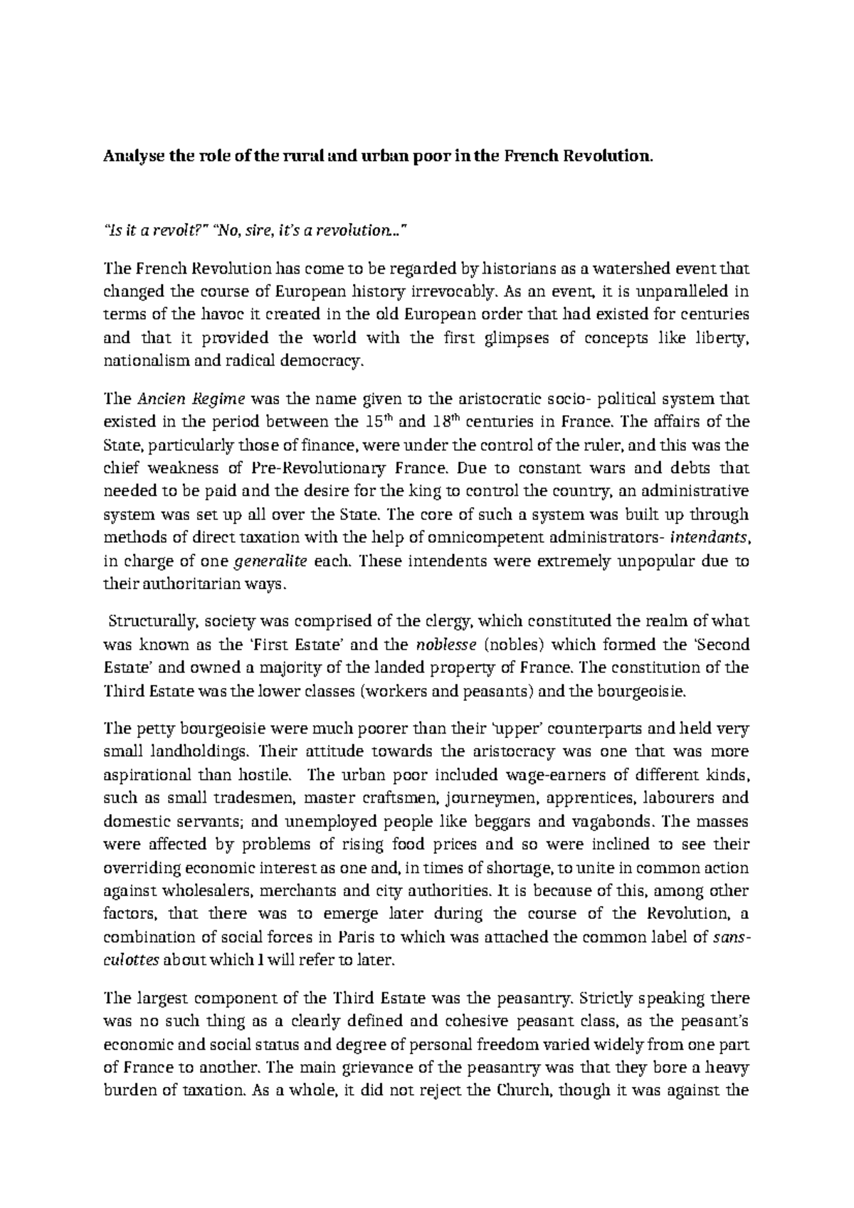 Rural and Urban Poor in French Revolution - Analyse the role of the ...