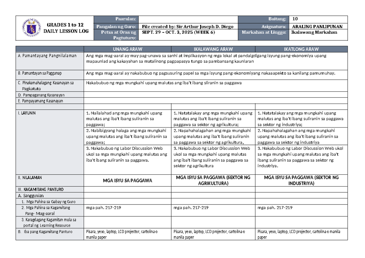Melc DLL Araling Panlipunan G10 Q2 W6 - Daily Lesson Log - Studocu