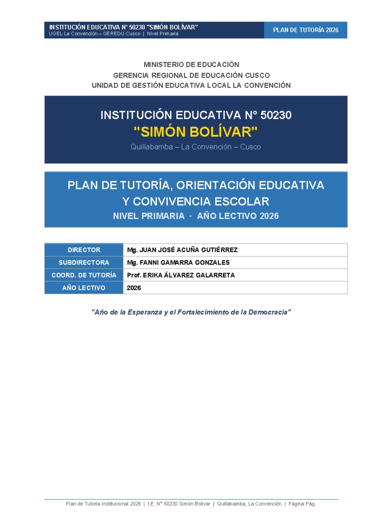 PLAN DE TUTORÍA INSTITUCIONAL 50230 - NIVEL PRIMARIA 2026 - Studocu