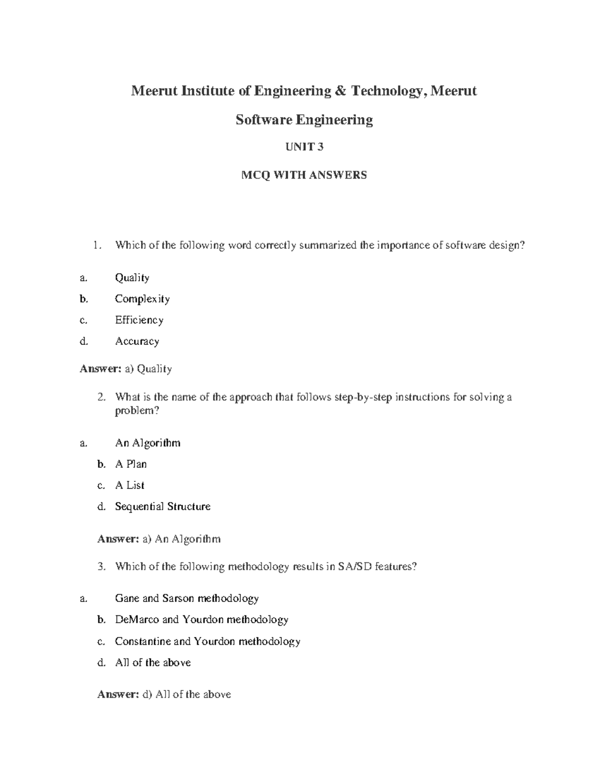 Software Engineering (KCS-601) UNIT 3 MCQ - Meerut Institute of ...