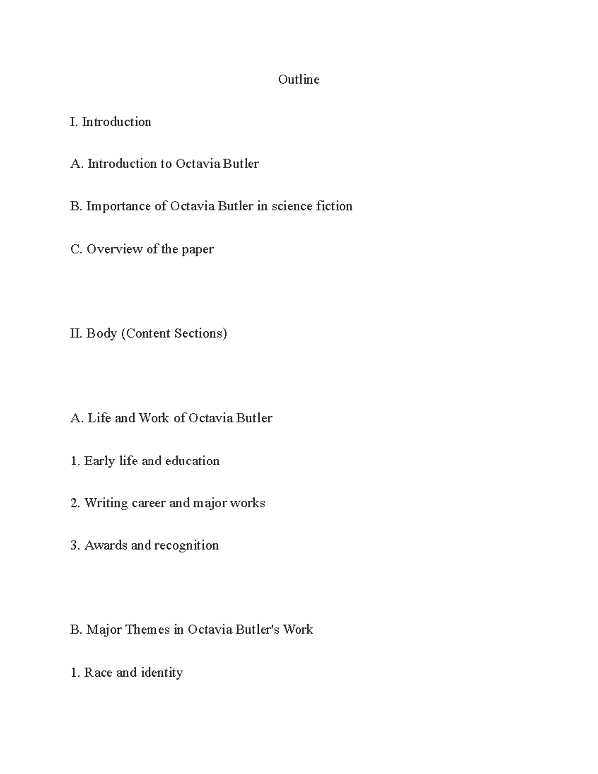 ENG 201 Assignment #3: Outline of Octavia Butler's Works and Themes ...
