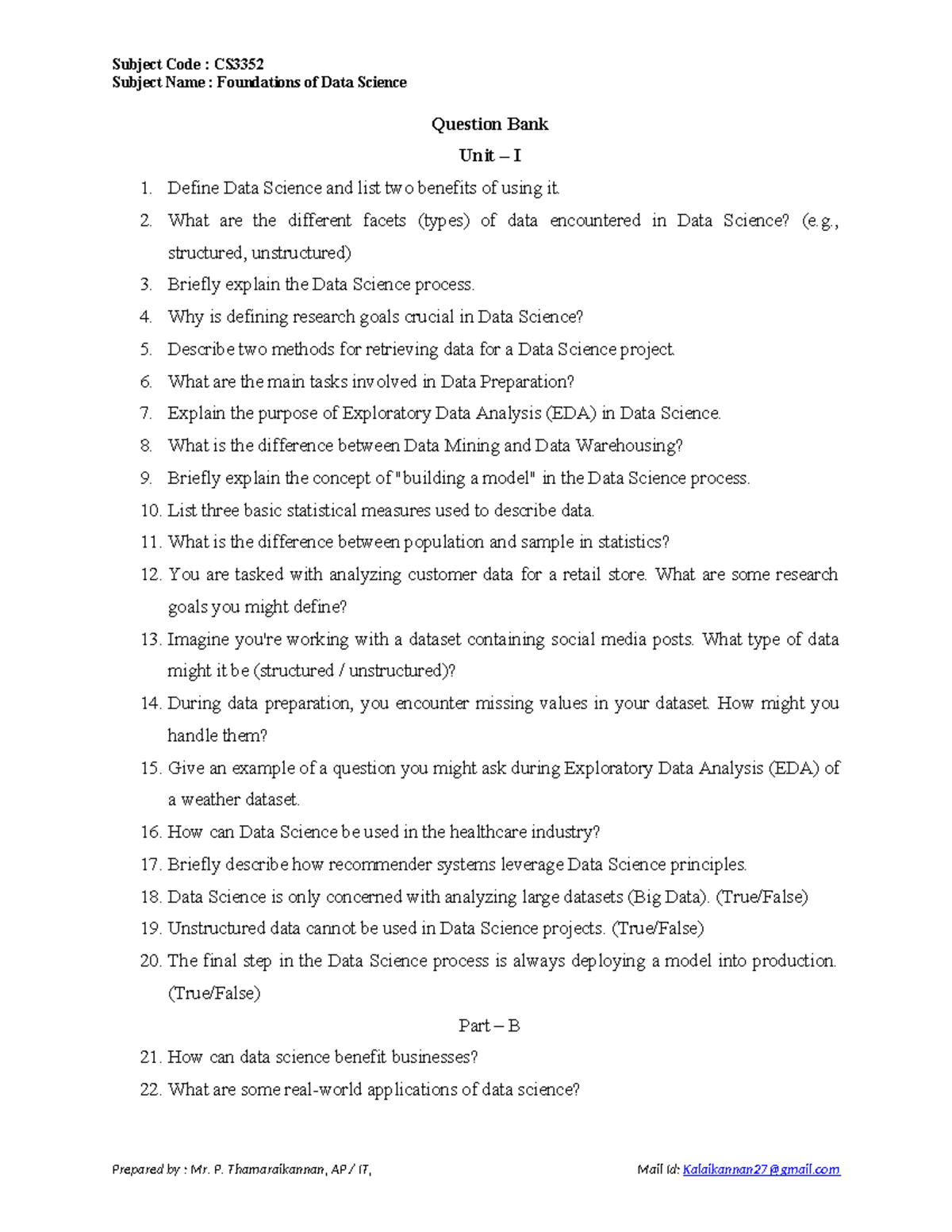 Foundations of Data Science: Comprehensive Question Bank (All Units) - Studocu