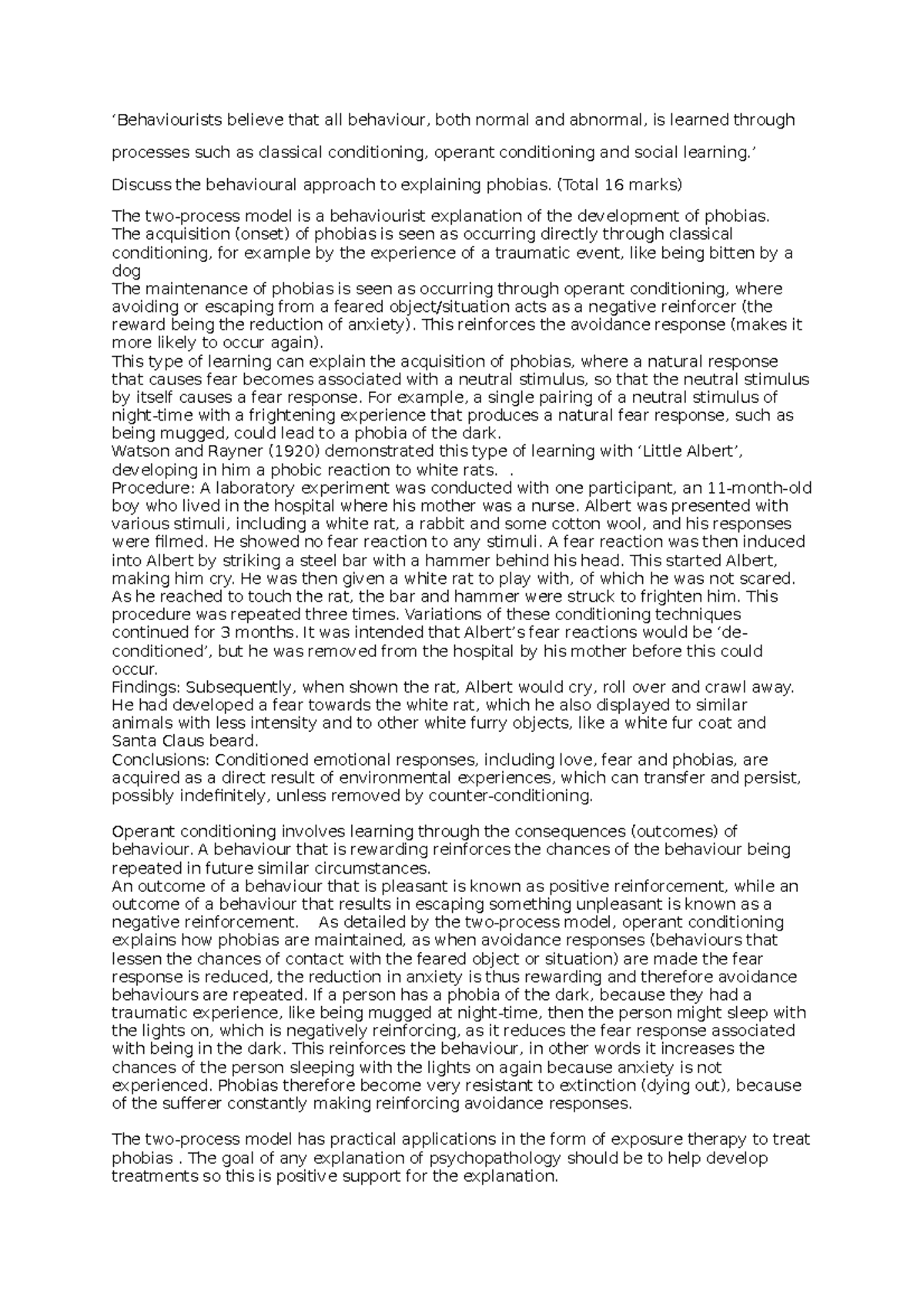 Behavioural Approach to Phobias: A Comprehensive Discussion (16 Marks ...
