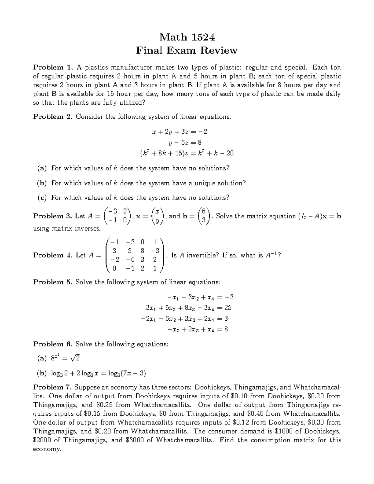 Math 1524 Final Exam Review: Comprehensive Problem Set - Studocu