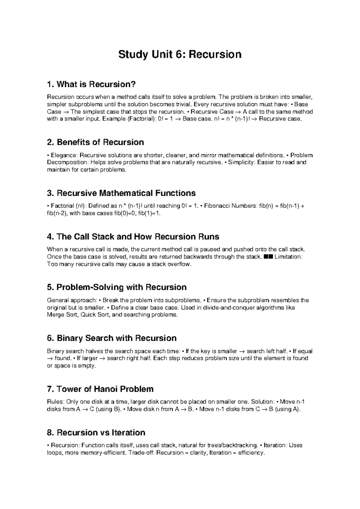 Study Unit 6: Understanding Recursion and Its Applications - Studocu