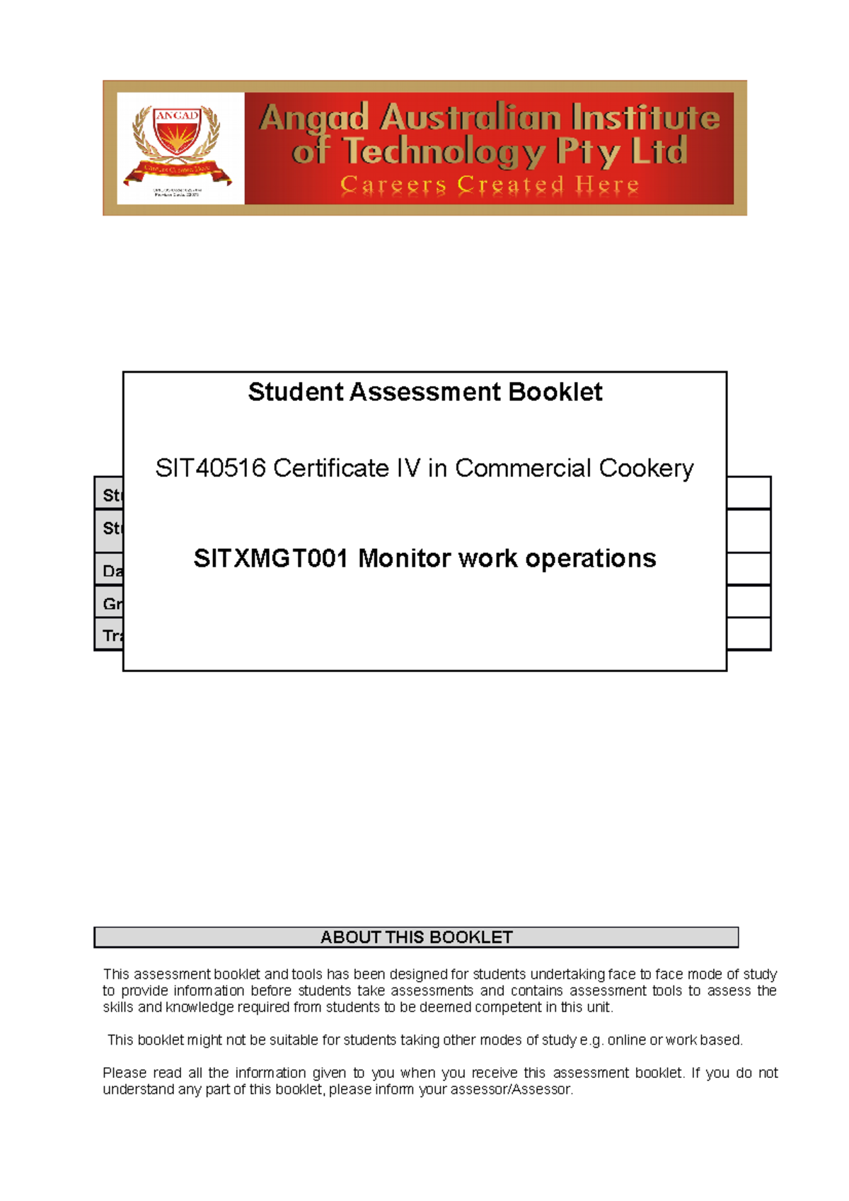SITXMGT001 Final Assessment: Monitoring Work Operations Guide - Studocu