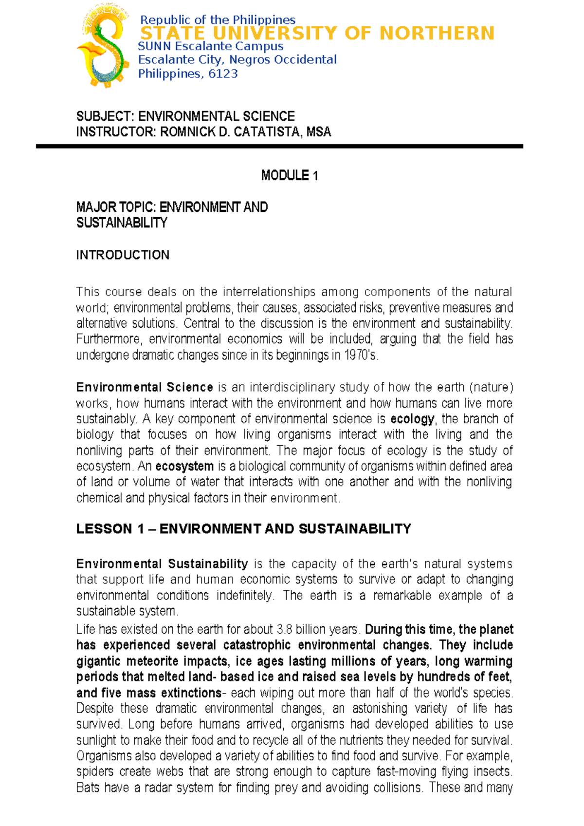 Environmental Science Module - STATE UNIVERSITY OF NORTHERN SUNN ...