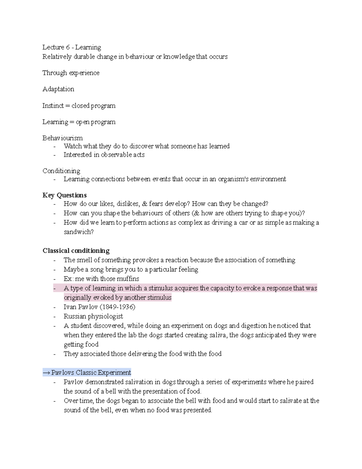Psyc Lecture 6&7: Learning Theories and Memory Processes - Studocu