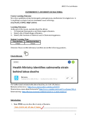 Prelab EXP 5 Biology - Experiment 5, Pre Laboratory Practical - SB015 ...