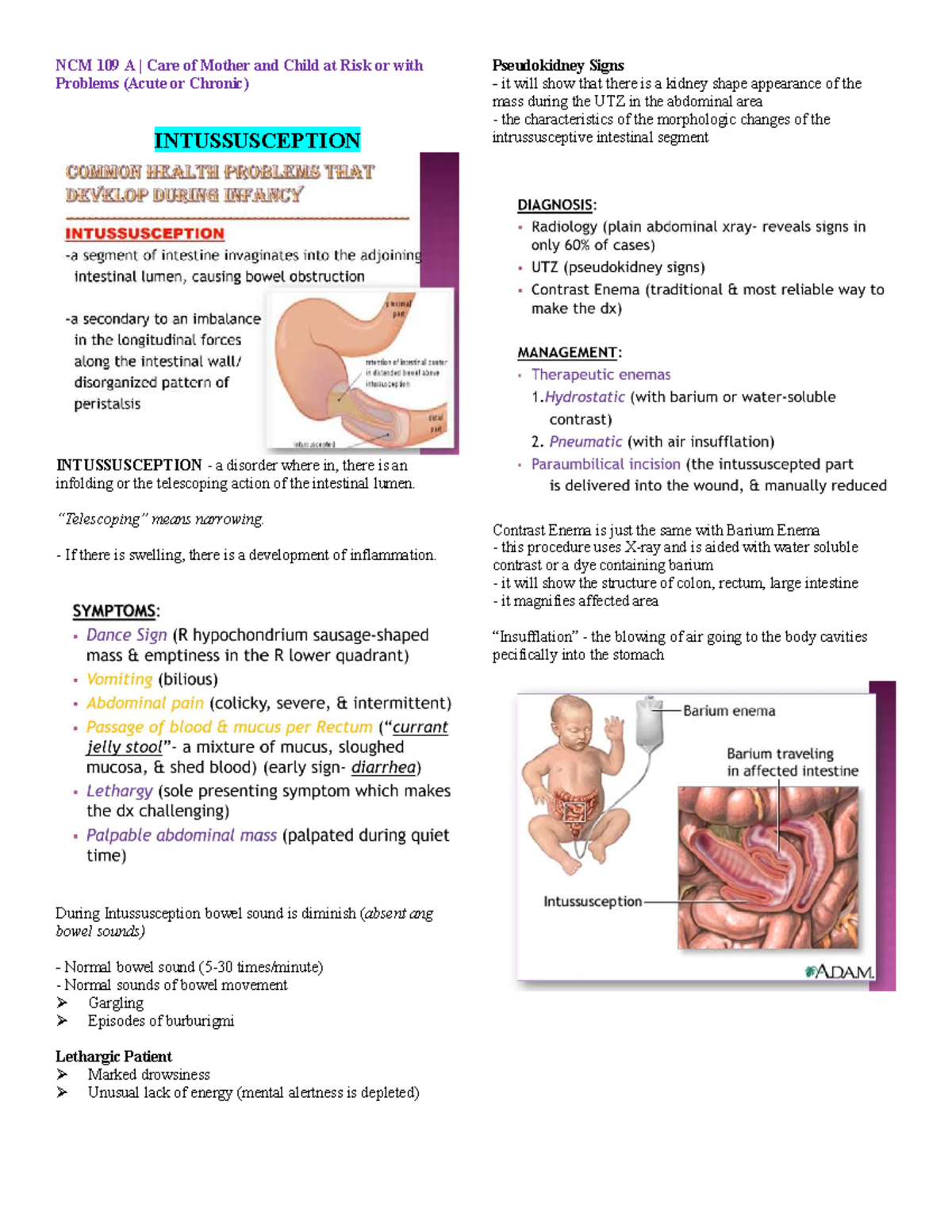 NCM 109 Final Exam: Intussusception and Related Conditions - Studocu