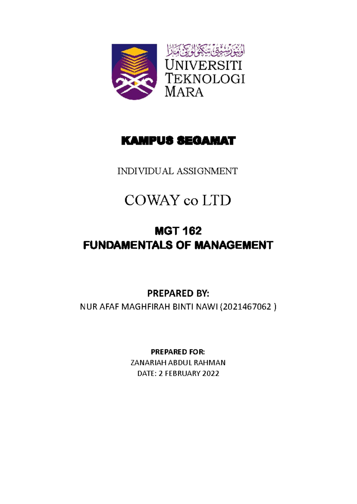 Individual Assignment MGT162 - Analyzing Coway's Management Strategy ...