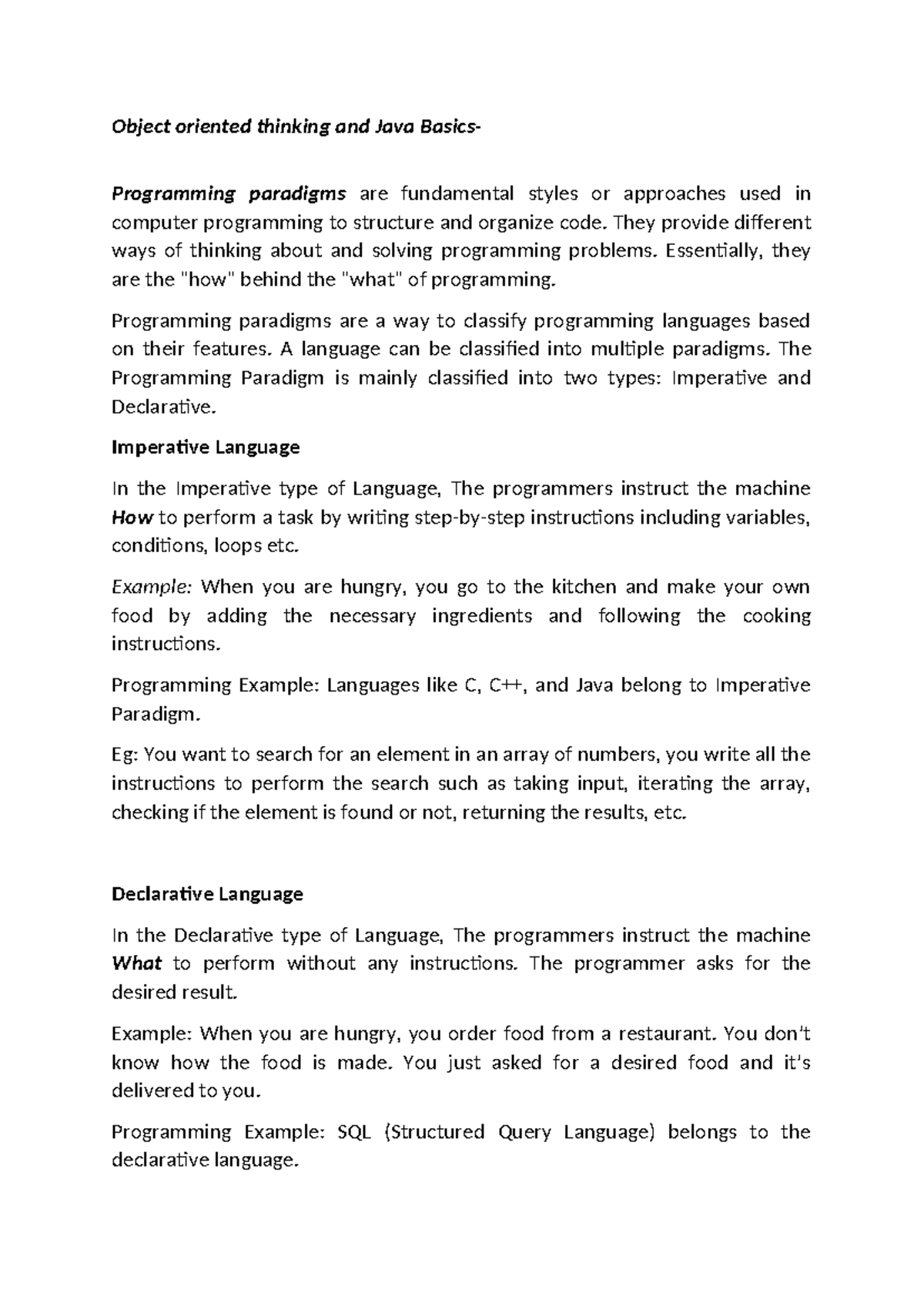Object-Oriented Programming Paradigms and Java Basics (CS101) - Studocu