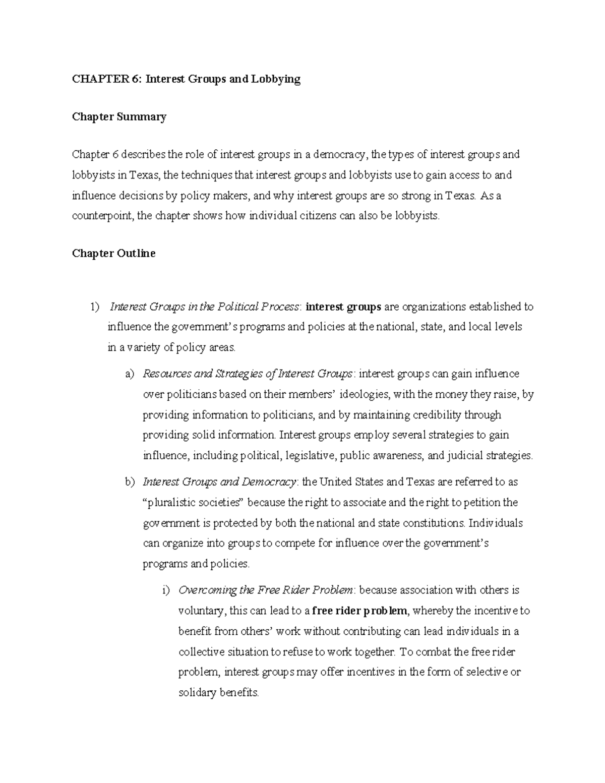 Govtex 5 Outline Summary CH06 - CHAPTER 6: Interest Groups and Lobbying ...