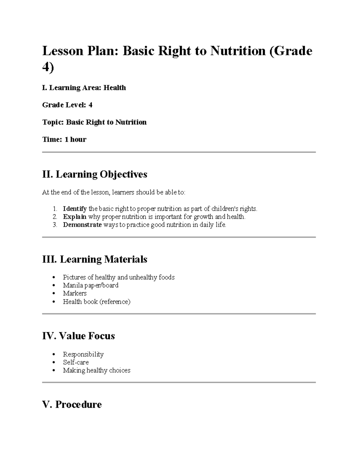 Lesson Plan: Basic Right to Nutrition (Grade 4) - Studocu