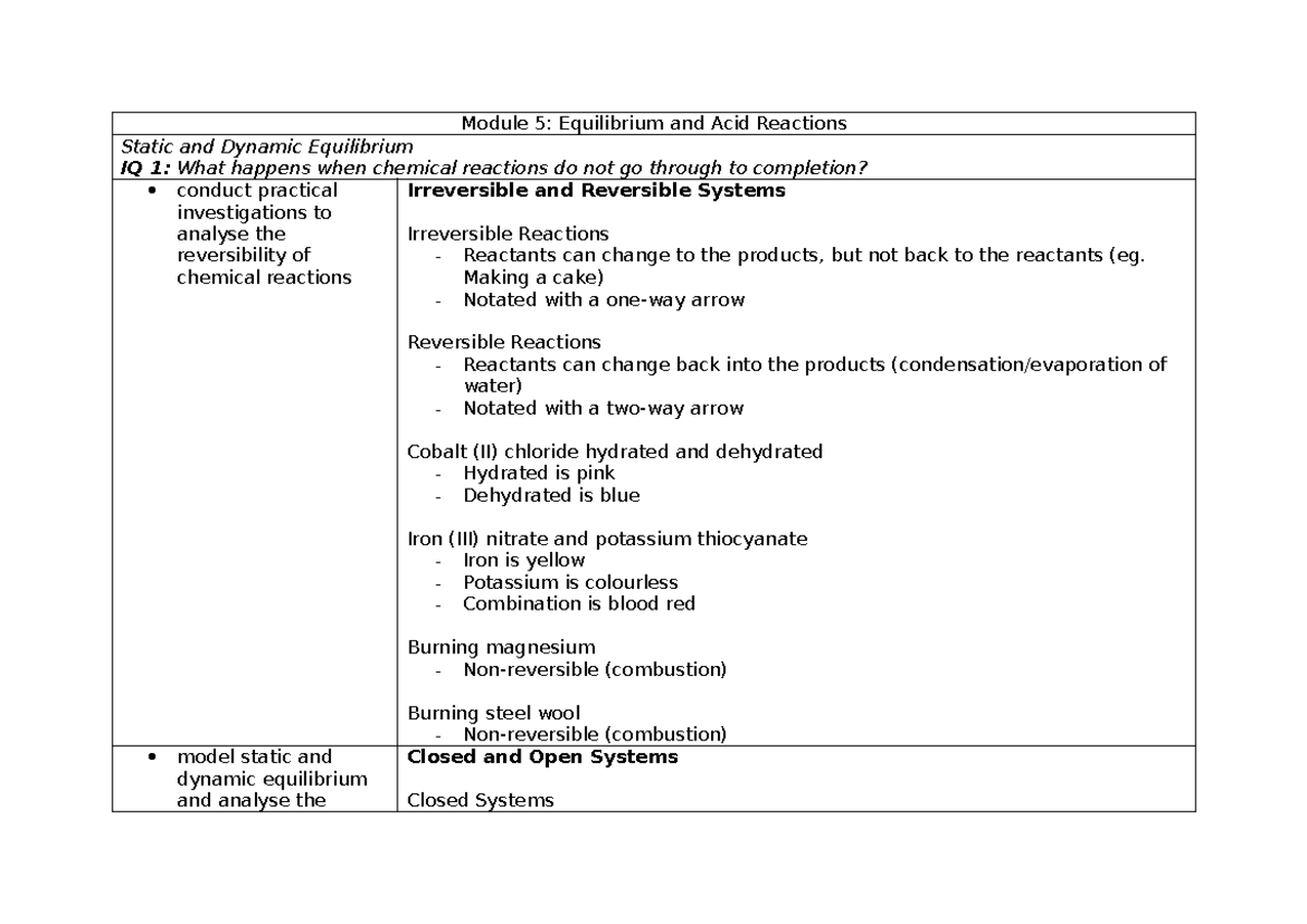 Chemistry - Module 5: Equilibrium & Acid Reactions Overview - Studocu