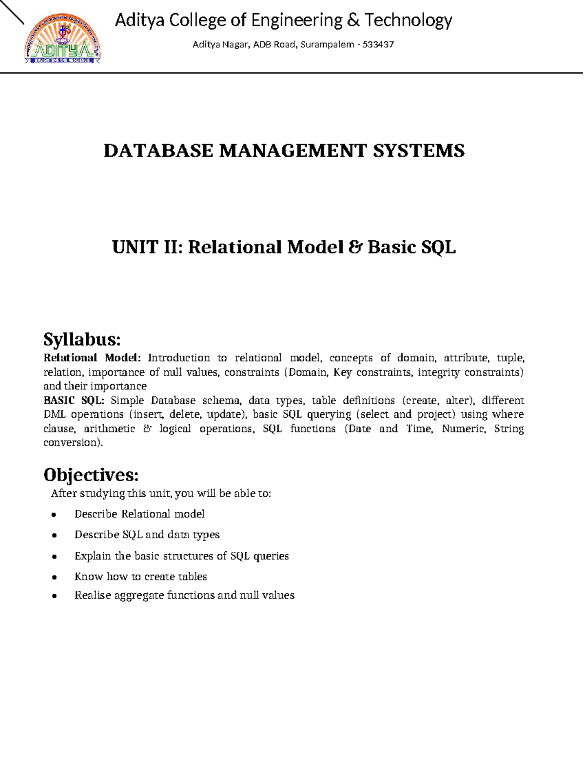 DBMS (R20) UNIT II: Relational Model & Basic SQL Overview - Studocu