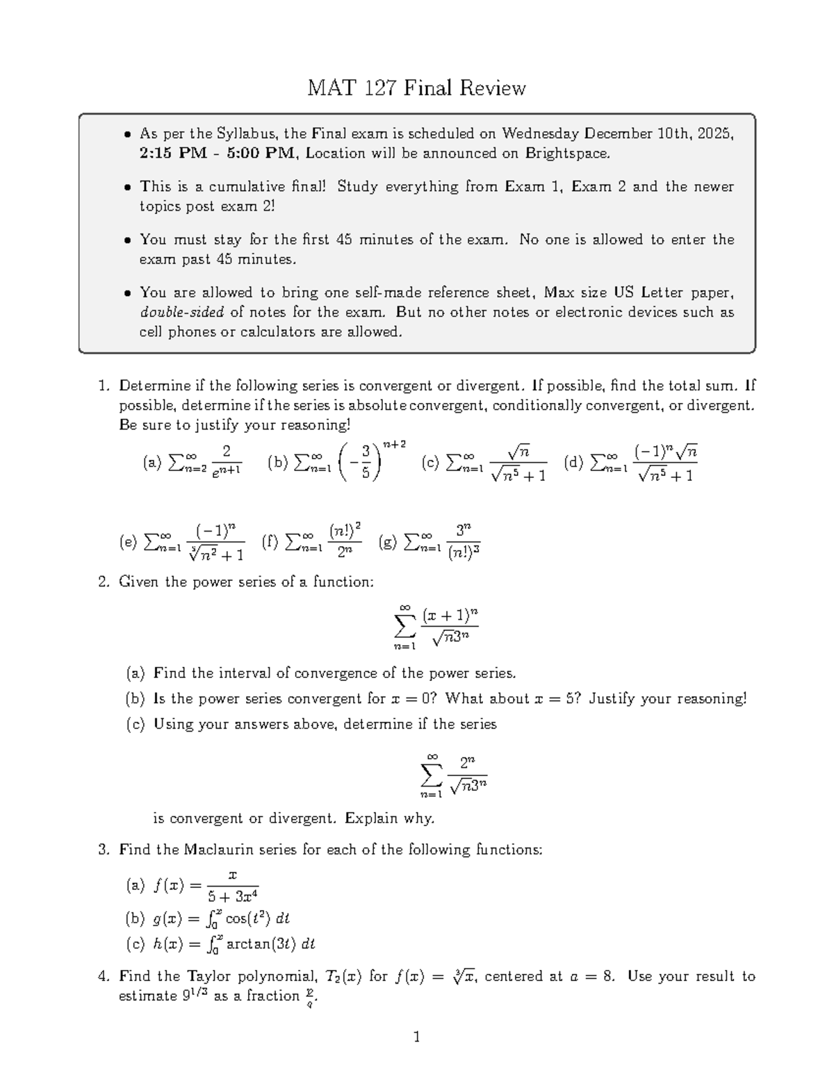 MAT 127 Final Exam Review Guide - Fall 2025 - Studocu