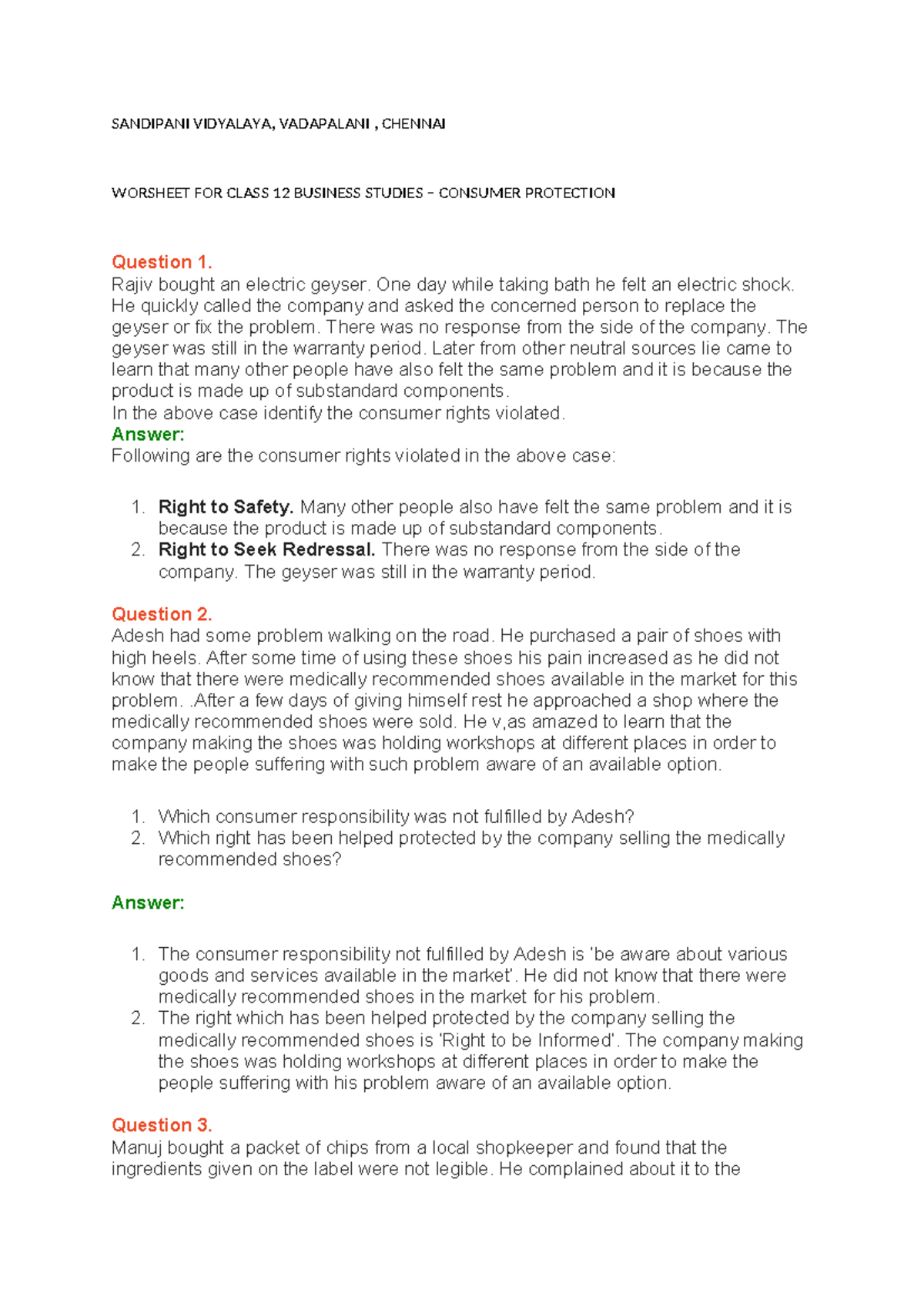 Class 12 Business Studies Worksheet: Consumer Protection Issues - Studocu