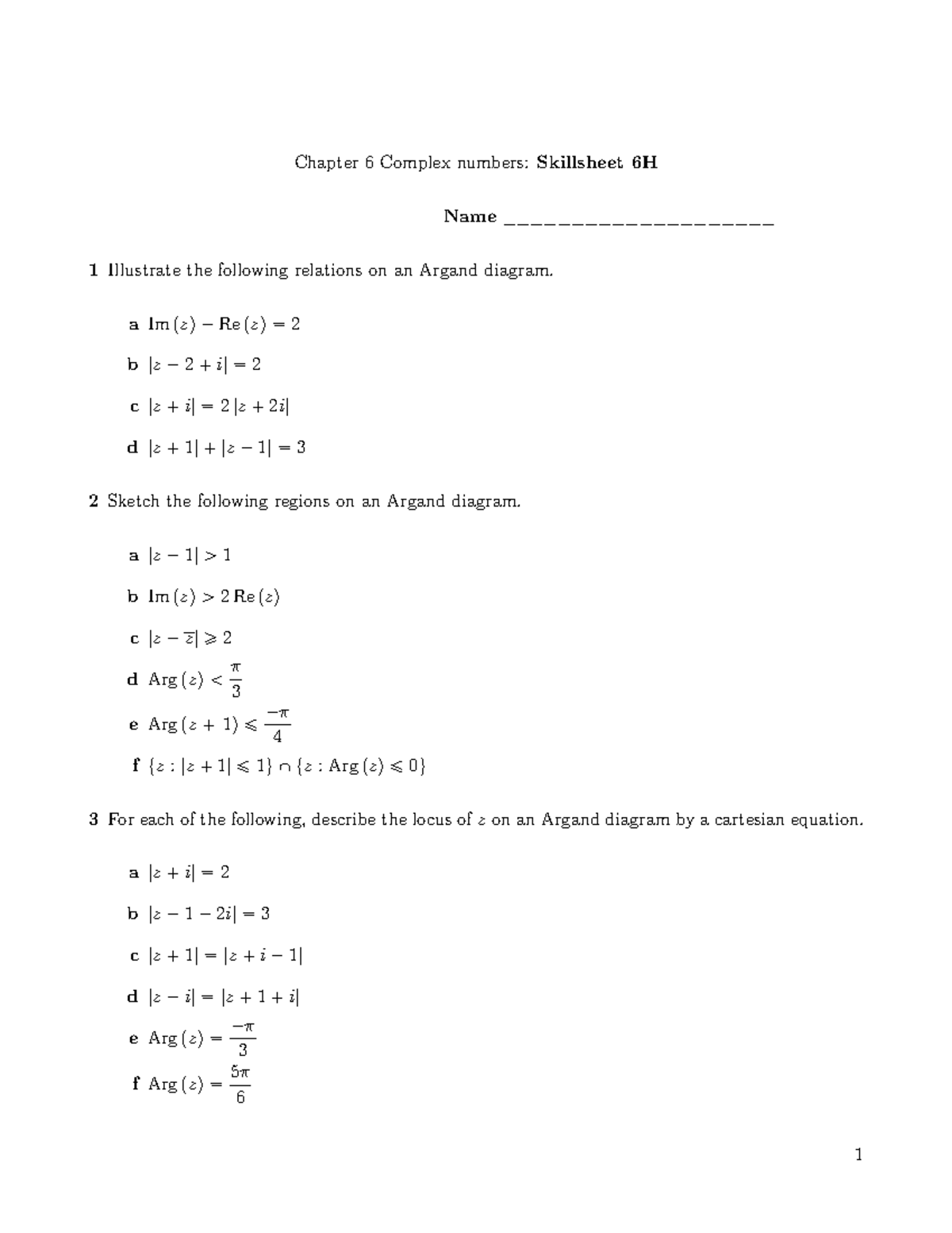 Chapter 6H: Complex Numbers - Argand Diagram Skillsheet - Studocu