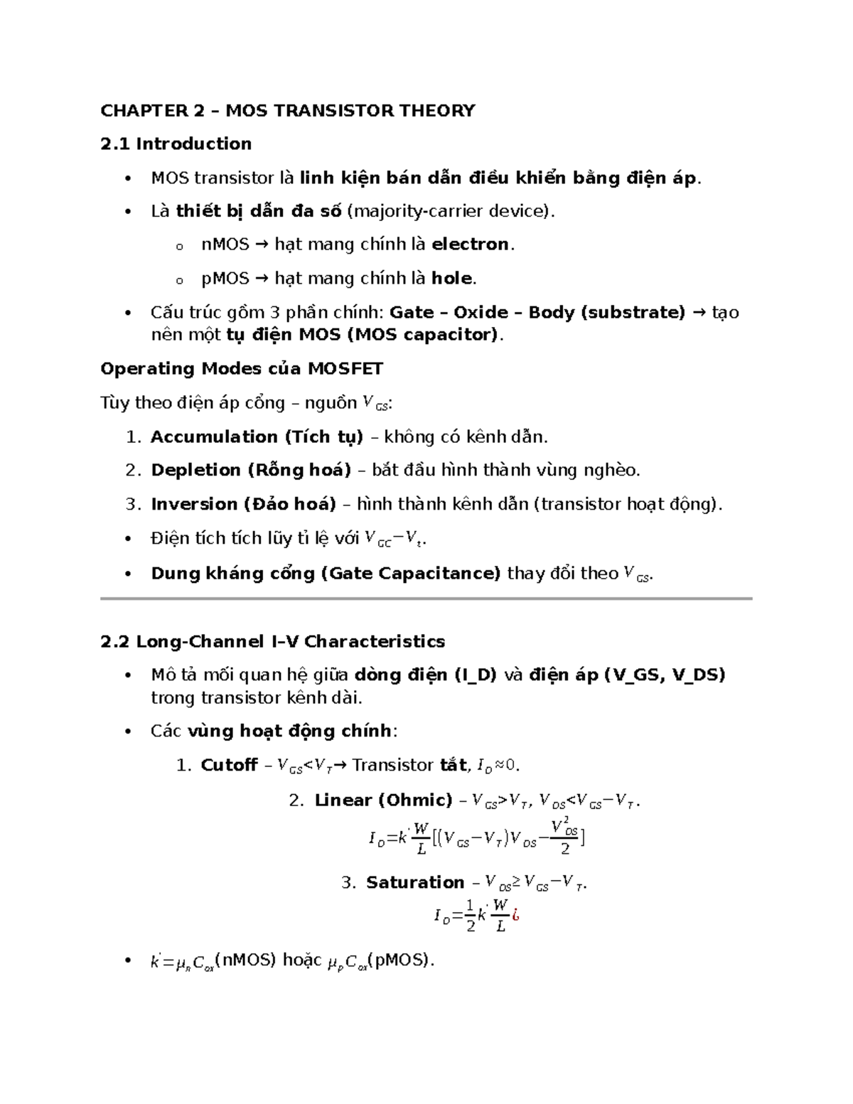 CHAPTER 2 MOS TRANSISTOR THEORY - Key Concepts and Characteristics ...