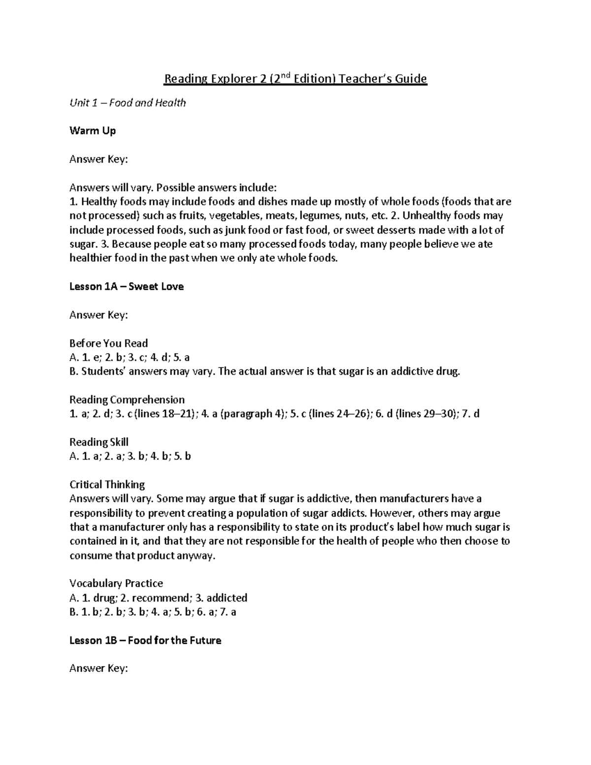 Reading Explorer 2 (2nd Ed) Teacher’s Guide: Unit Answer Keys - Studocu