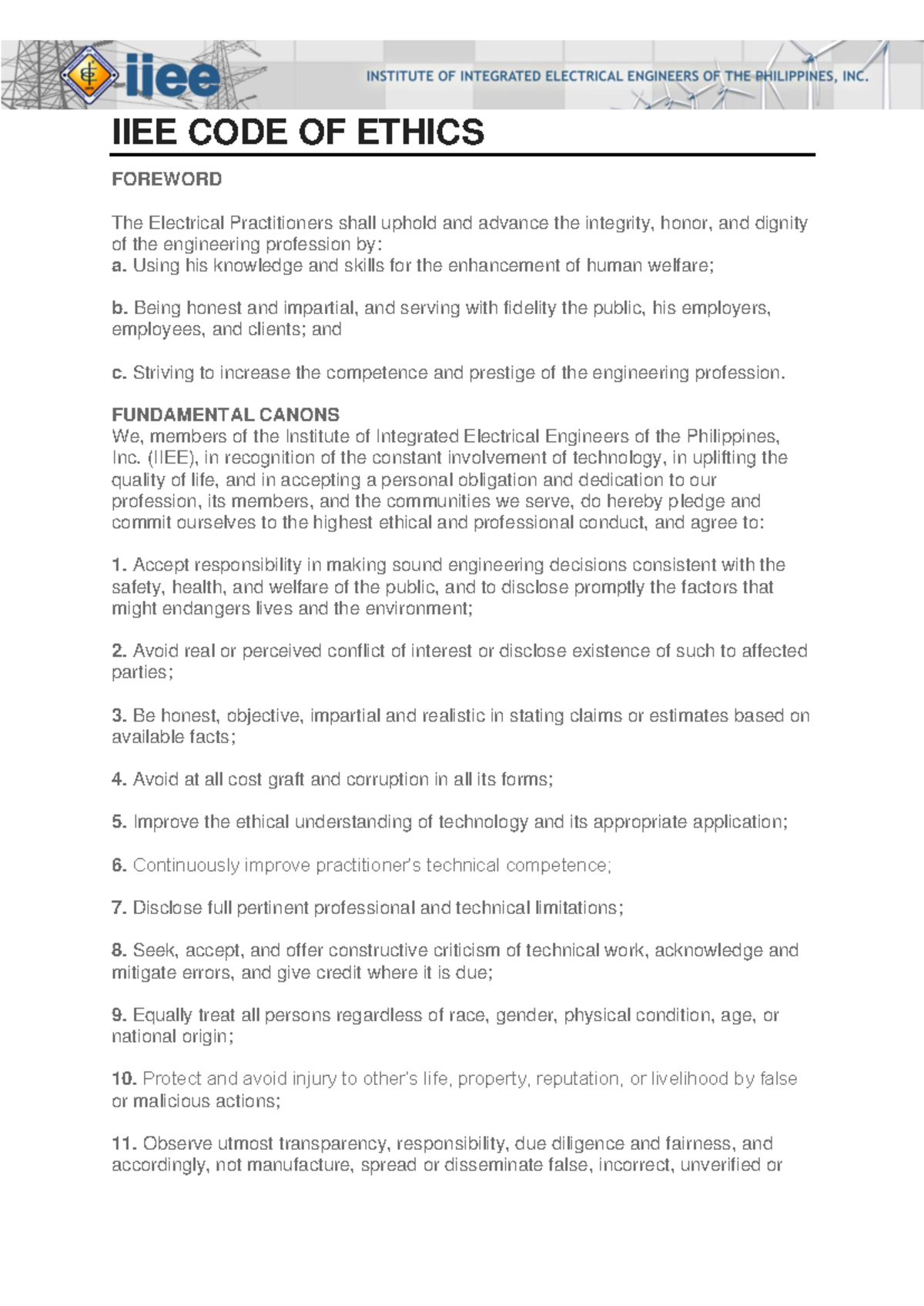 IIEE Code of Ethics: Upholding Integrity in Engineering - Studocu