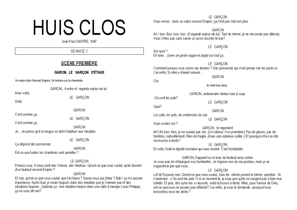 HUIS CLOS - Texte Intégral de Jean-Paul Sartre (1947) - Studocu
