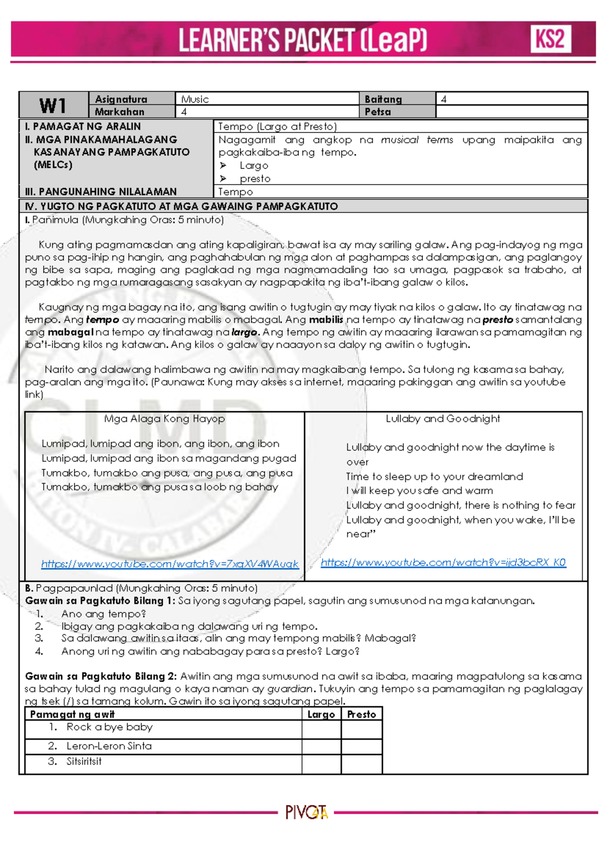Q4 Music 4 Week 1: Pagsusuri at Pagkatuto ng Tempo (Largo at Presto ...