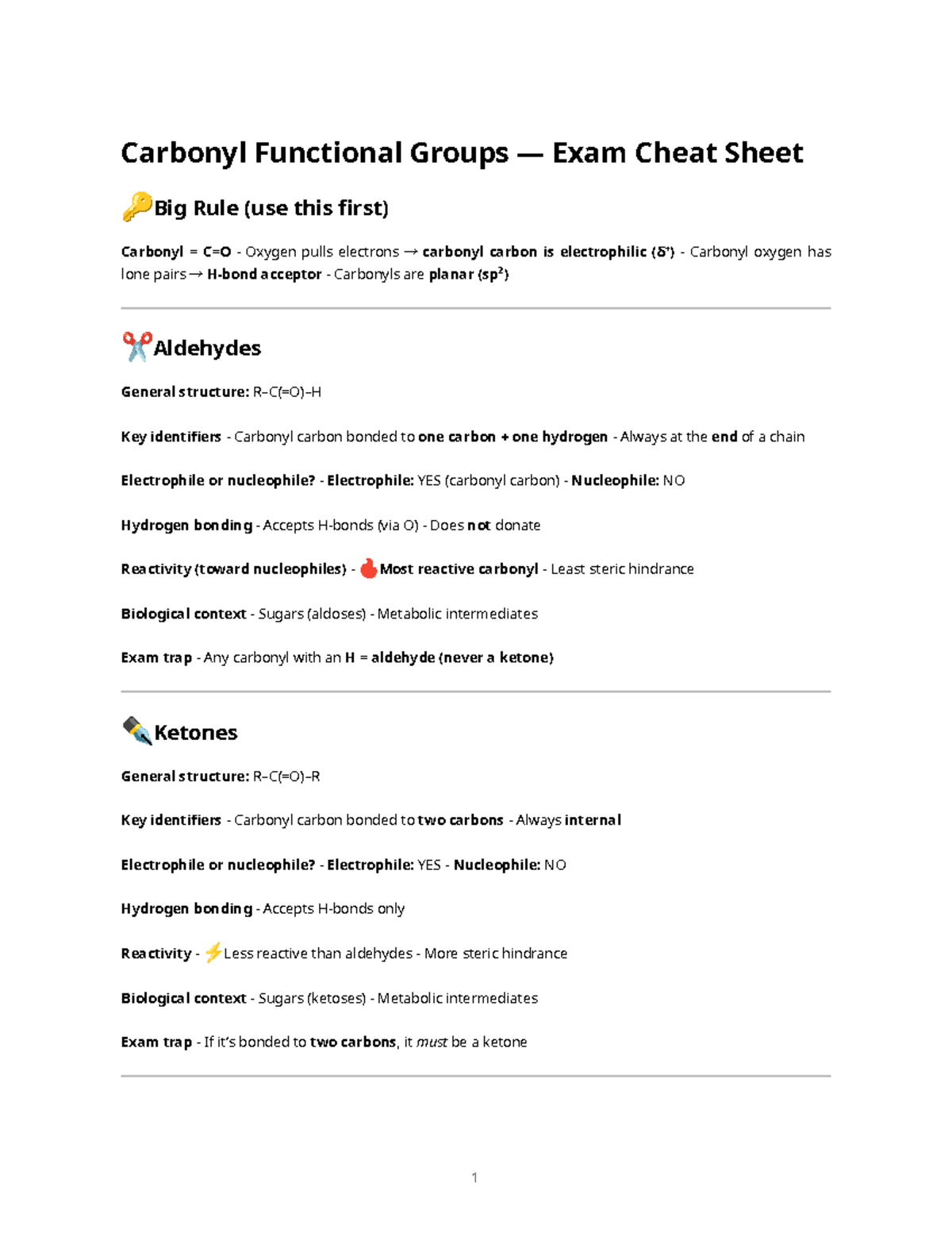 Carbonyl Functional Groups Exam Cheat Sheet (CHEM 101) - Studocu