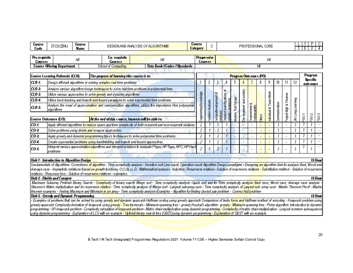 DAA - Syllabus - 20 Course CourseCourse21CSC204J DESIGN AND ANALYSIS OF ALGORITHMS C Category ...